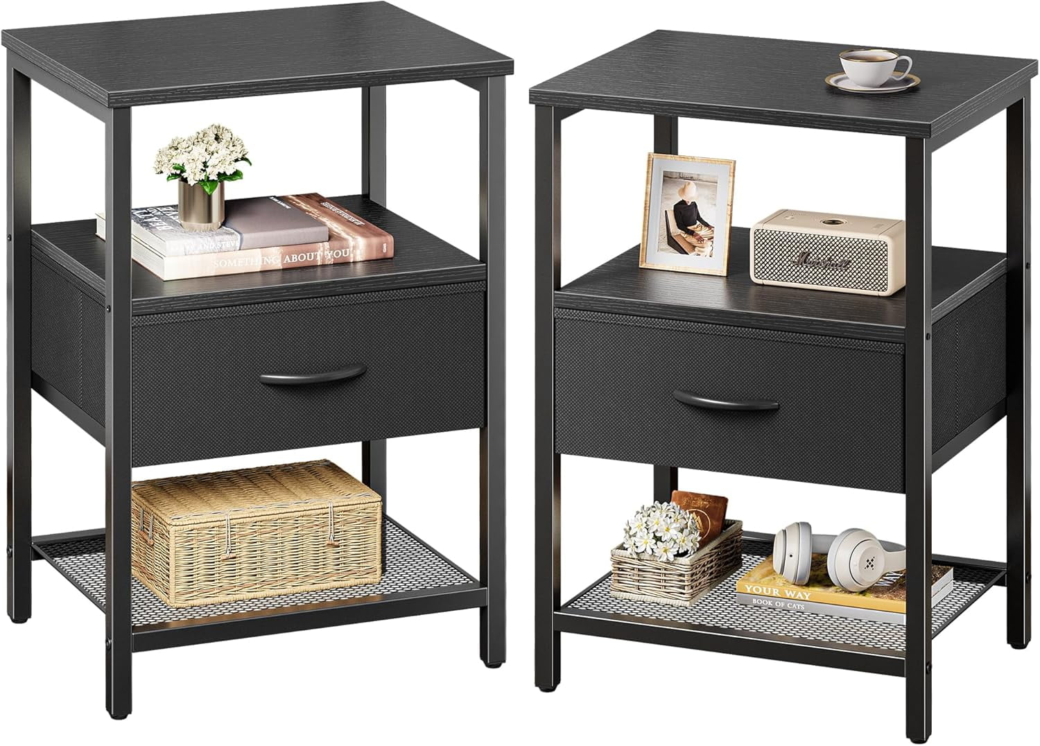 Yunwen Nightstand Set of 2, Night Stand with Fabric Drawer, Mesh Shelf ...
