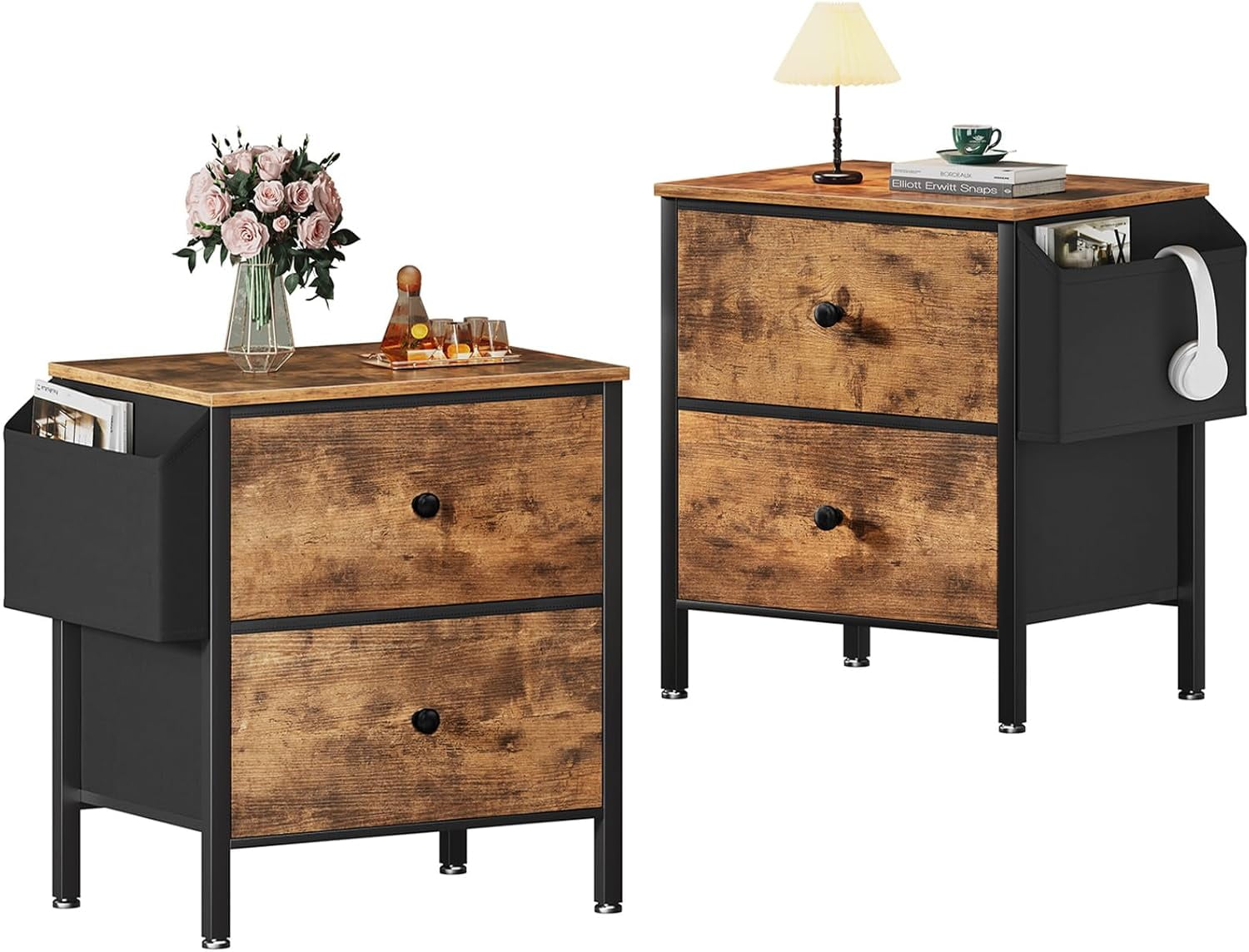 Yunwen Nightstands Set of 2 with Drawers, Small Night Stand with Pocket 2 Drawer Dresser for ...