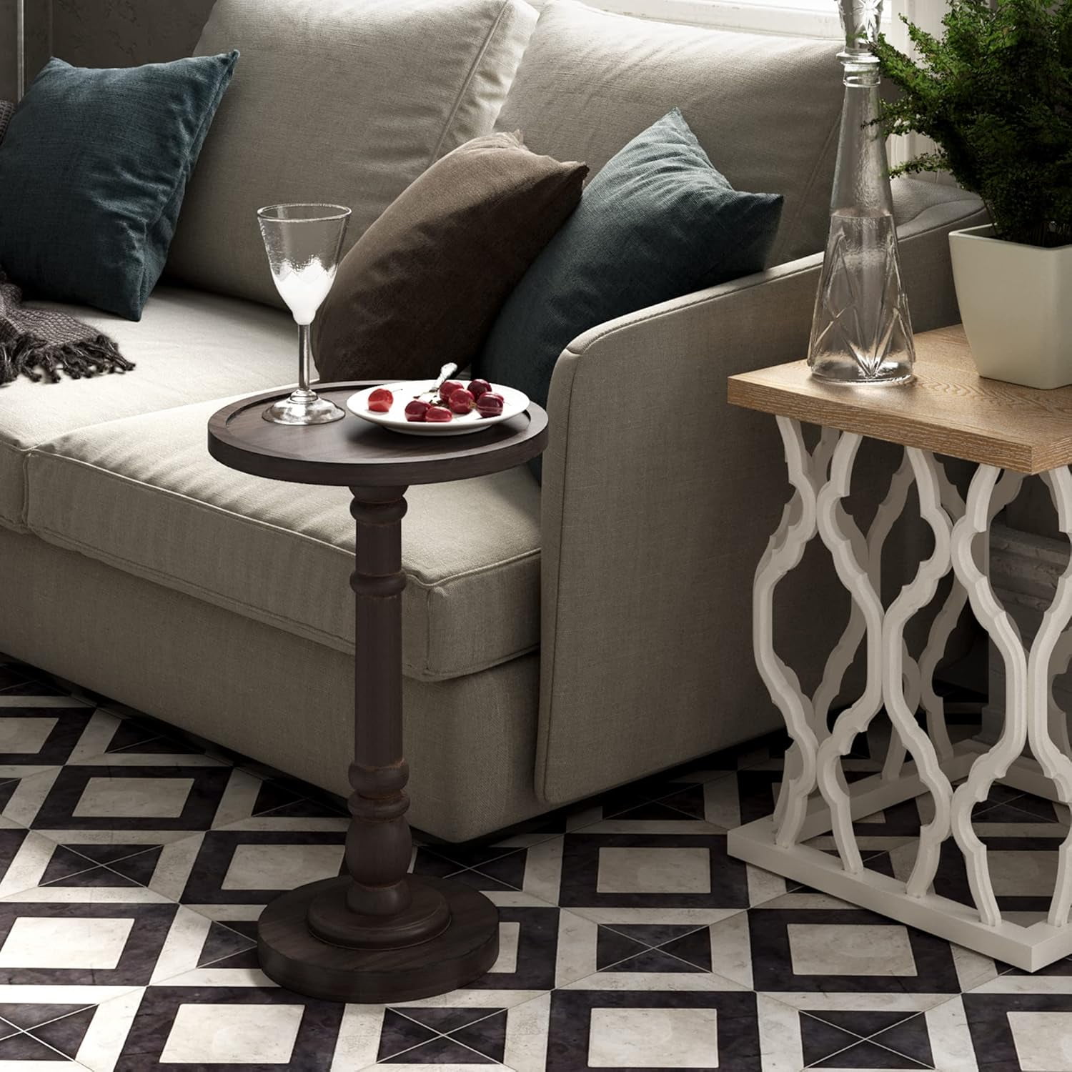 Yunwen Pedestal Small End Table, Wooden Side Table with Traditional Tray Top for Drinking ...