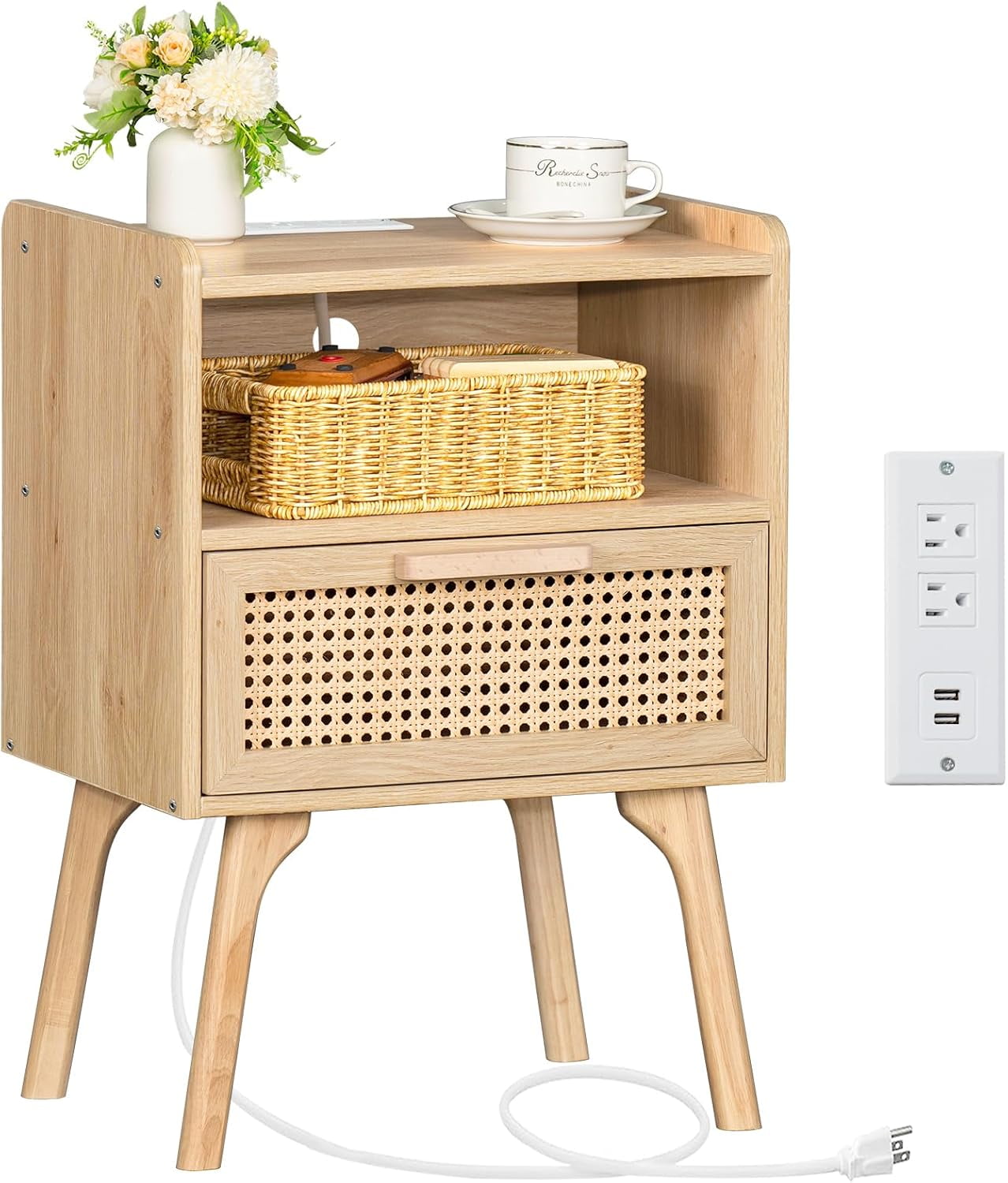 Yunwen Rattan Nightstand with Charging Station, Boho Side Table with ...