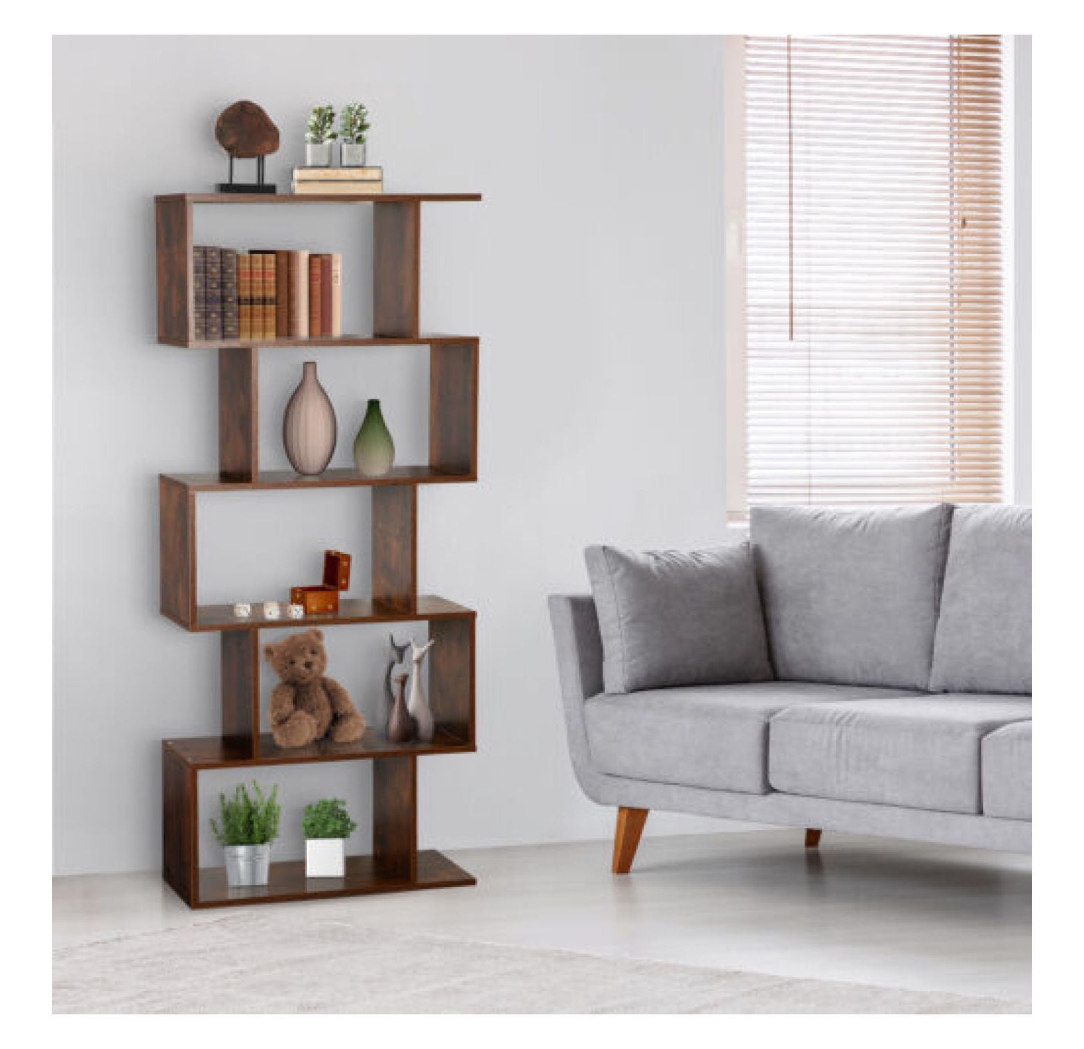 Yunwen Wooden Bookshelf 5-tier Geometric Bookcase Tall Display Shelf ...