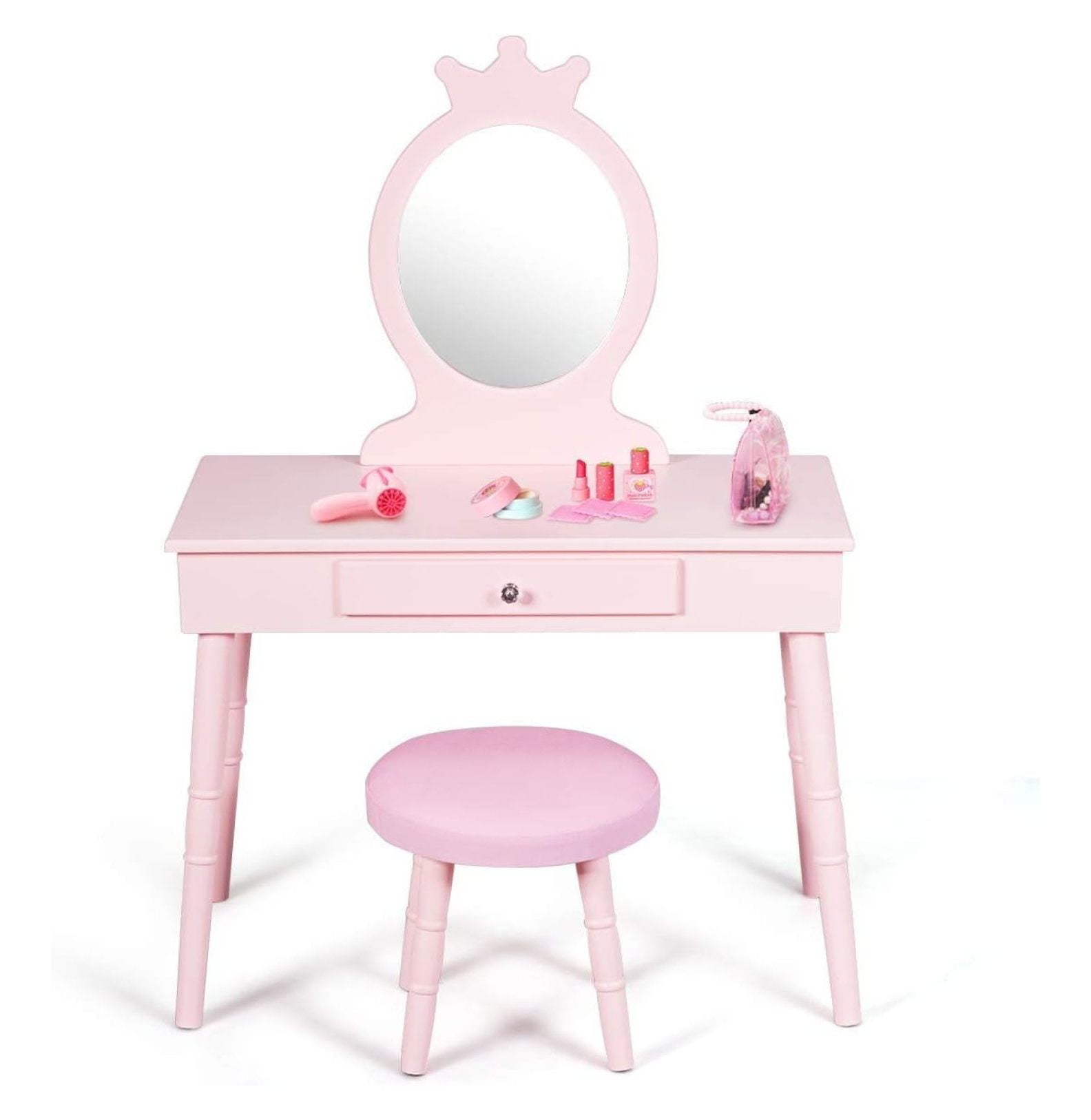 YuraZH Kids Vanity Dressing Table & Stool Set, Wooden Pretend Play ...