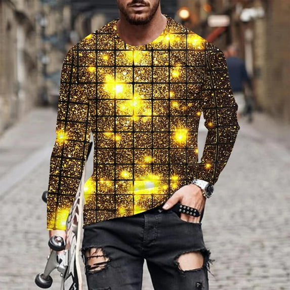 Yusimy Men's Carnival Gold Foil Print Crew Neck Pullover Long Sleeve ...