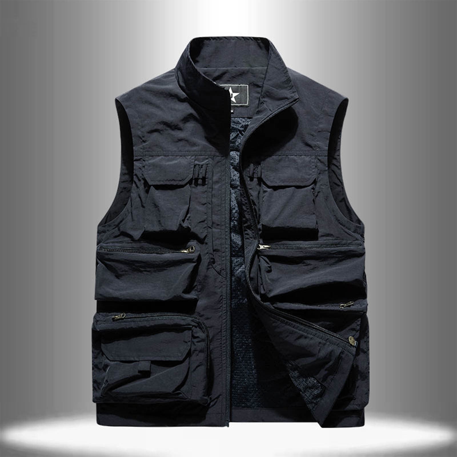 Yusimy Men's Multi-Pocket Lightweight Work Vest Breathable Stand-Up ...