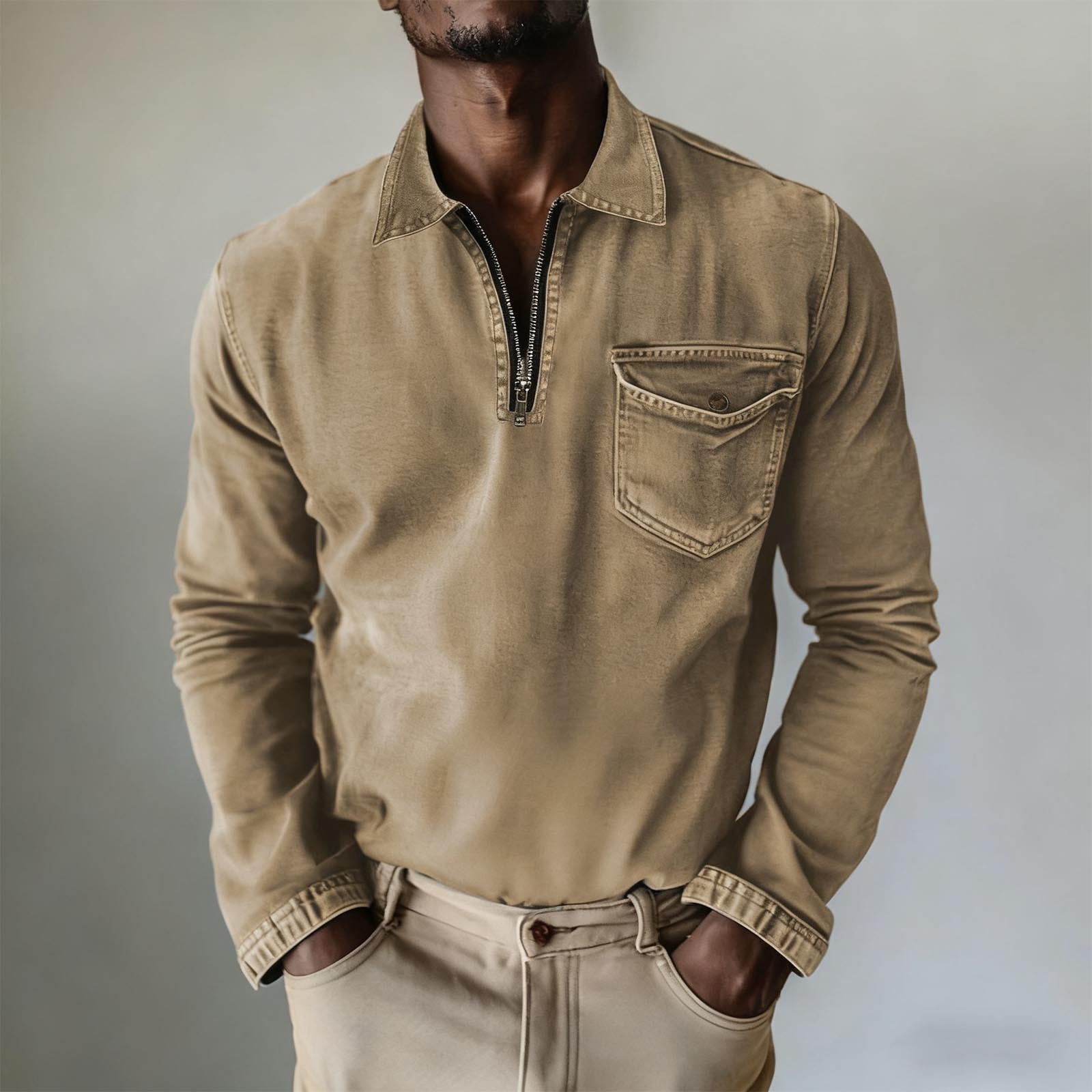 Yusimy Men's Retro Solid Color Vintage Washed Half-Zip Long Sleeve ...