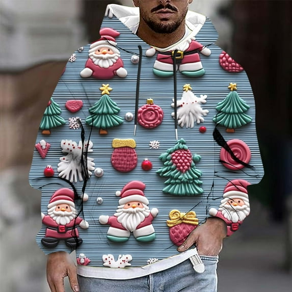 Yusimy Mens Christmas Printed Hoodie Long Sleeve Pullover Casual ...