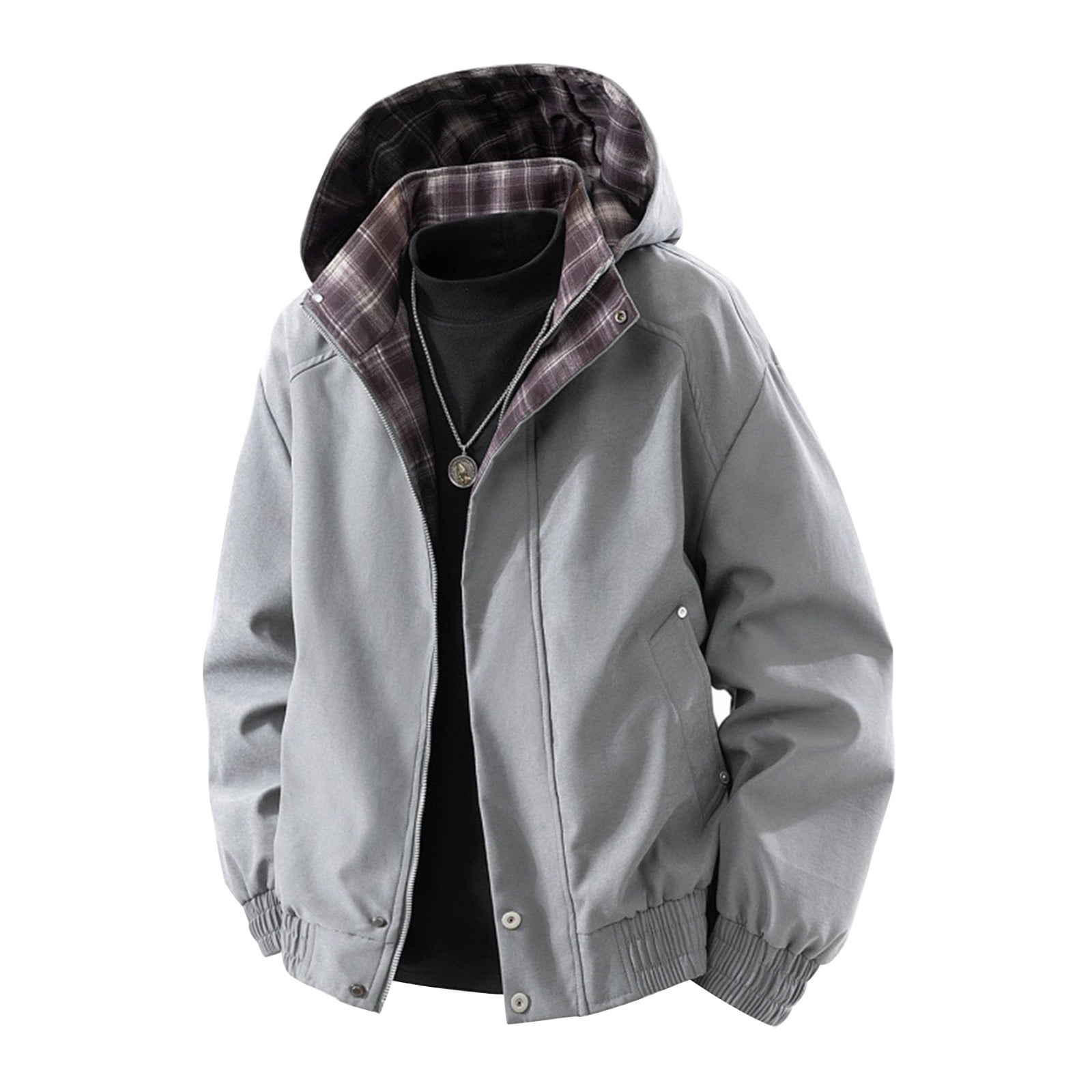 Yusimy Men's Plaid Hooded Zip-Up Jacket Detachable Utility Workwear ...