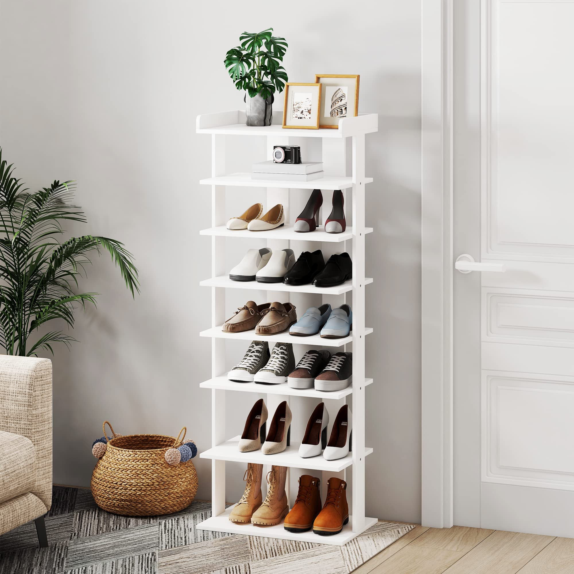 Yusong 8-Tier Shoe Rack, Entryway Shoe Tower,Vertical Shoe Organizer, Wooden Shoe Storage Stand ...