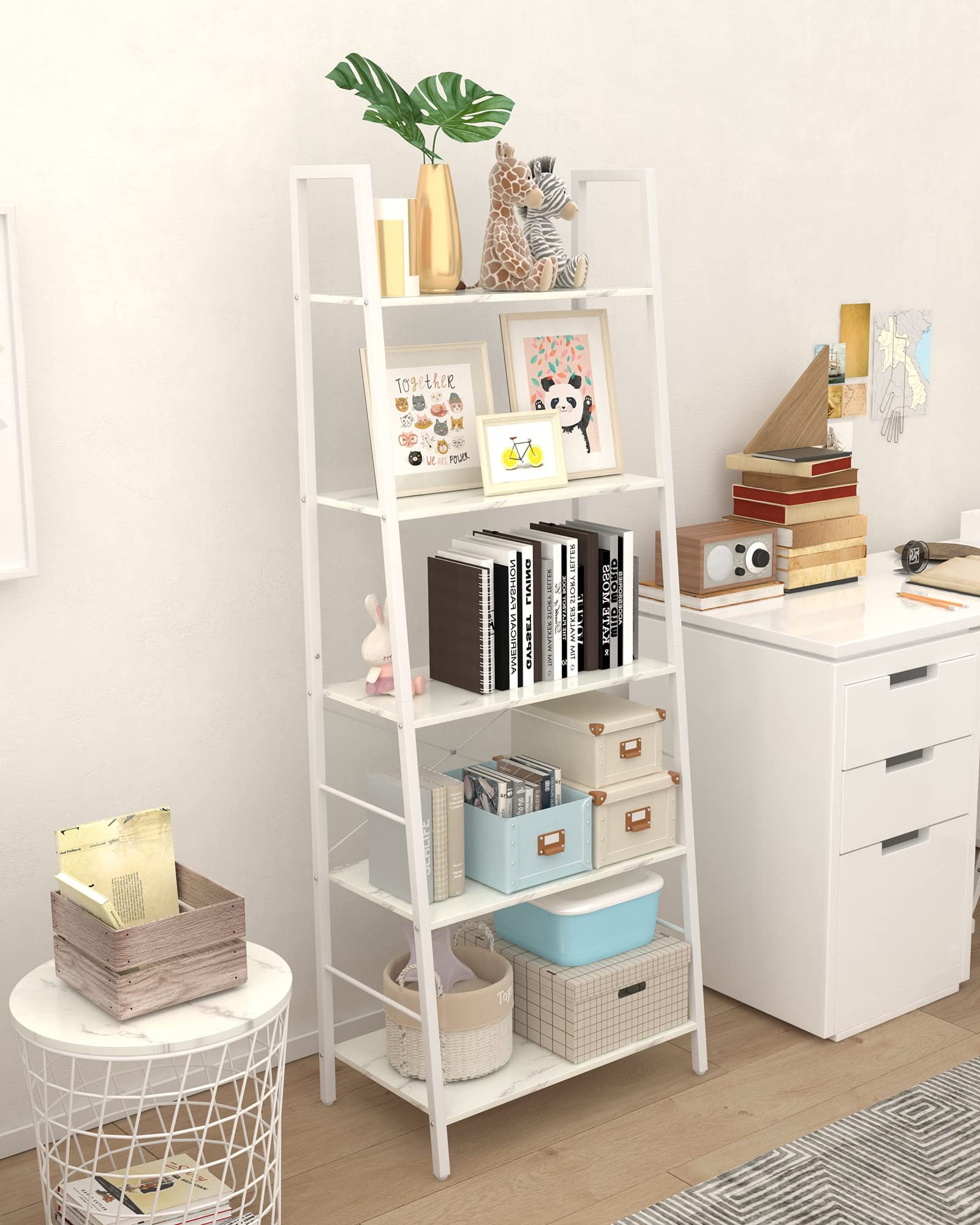 Yusong 5-Tier Ladder Bookshelf, Industrial Storage Rack with Metal ...