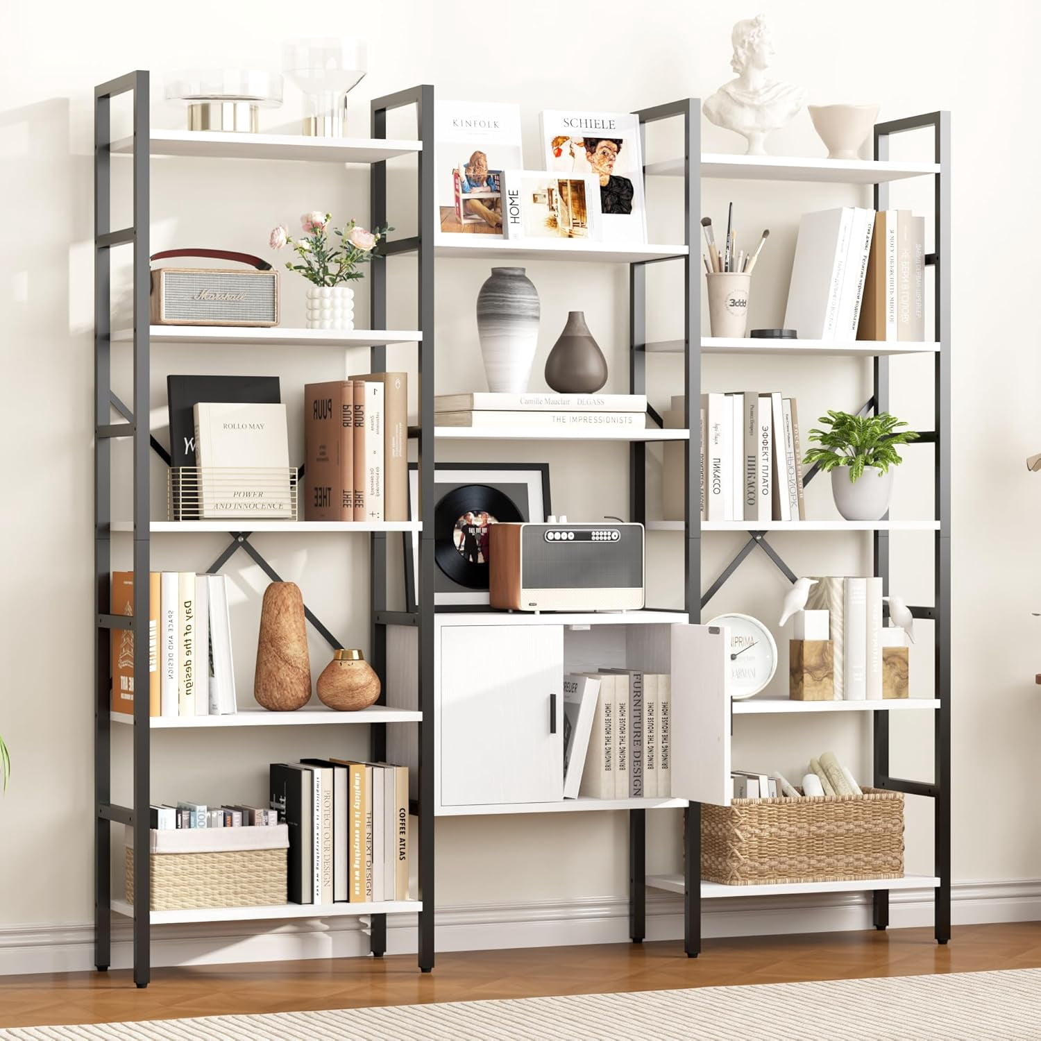 Yusong Bookshelf Triple Wide 5 Tier Bookcases with Storage Cabinet ...