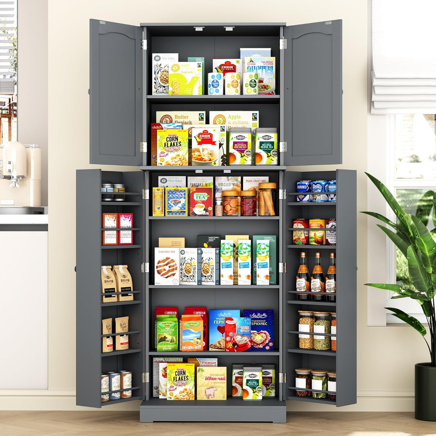 Yusong Kitchen Pantry Storage Cabinet with Doors and Adjustable Shelves, 71" Freestanding ...