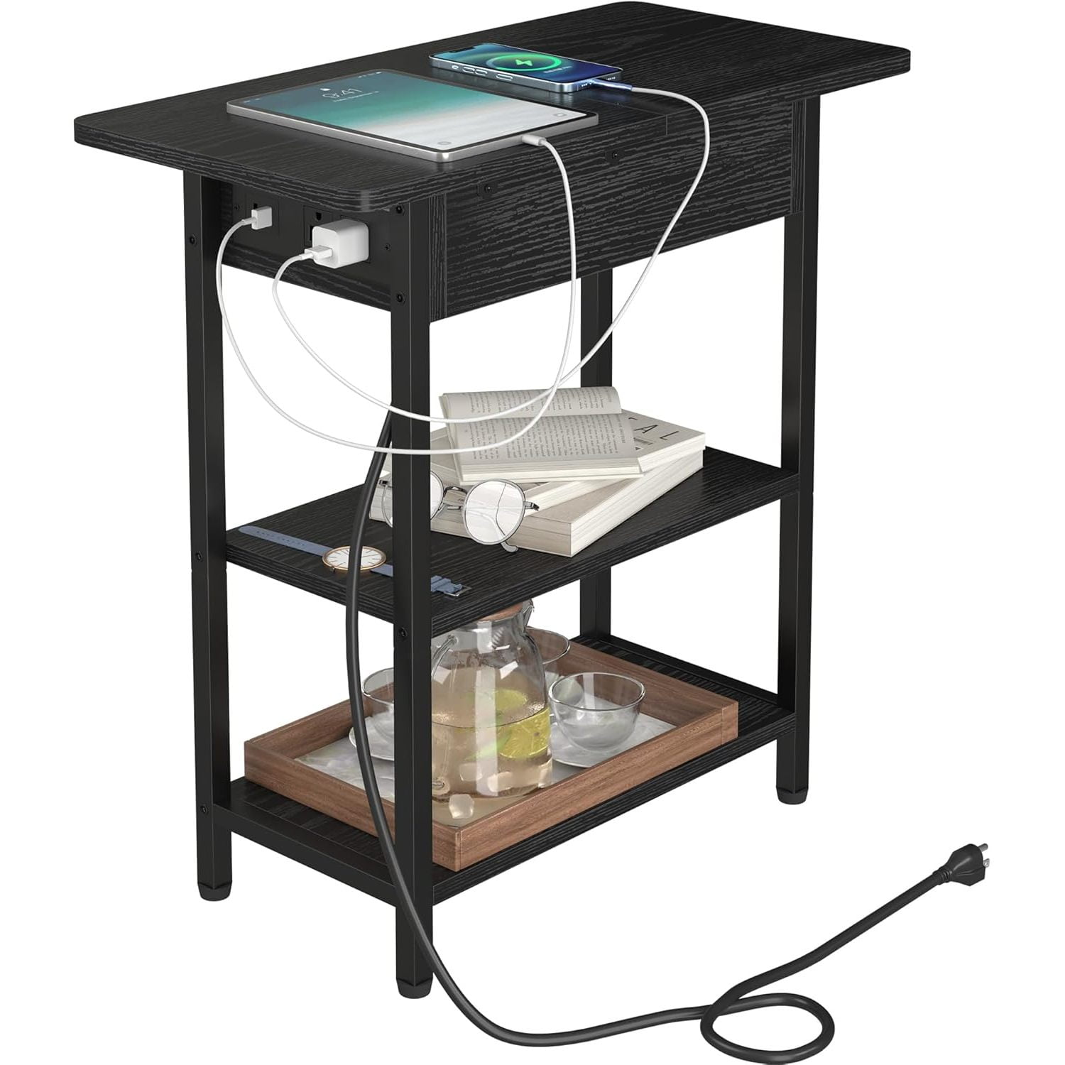Yusong Narrow End Table with Charging Station, Slim Couch Side Table ...