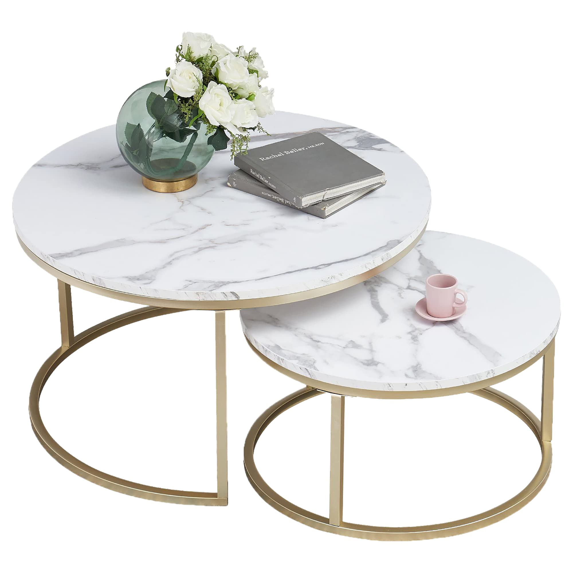 Yusong Round Nesting Coffee Tables Set of 2, Living Room Accent Center Tables with Marble ...