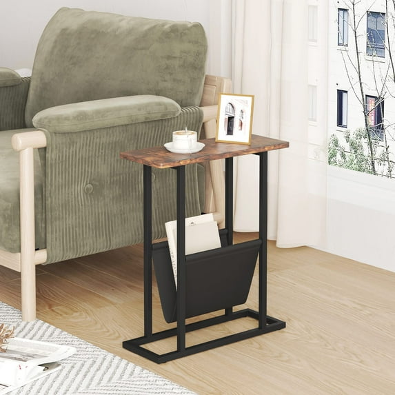 Yusong Slim Narrow Side Table, Rustic Brown, with Storage Holder for ...