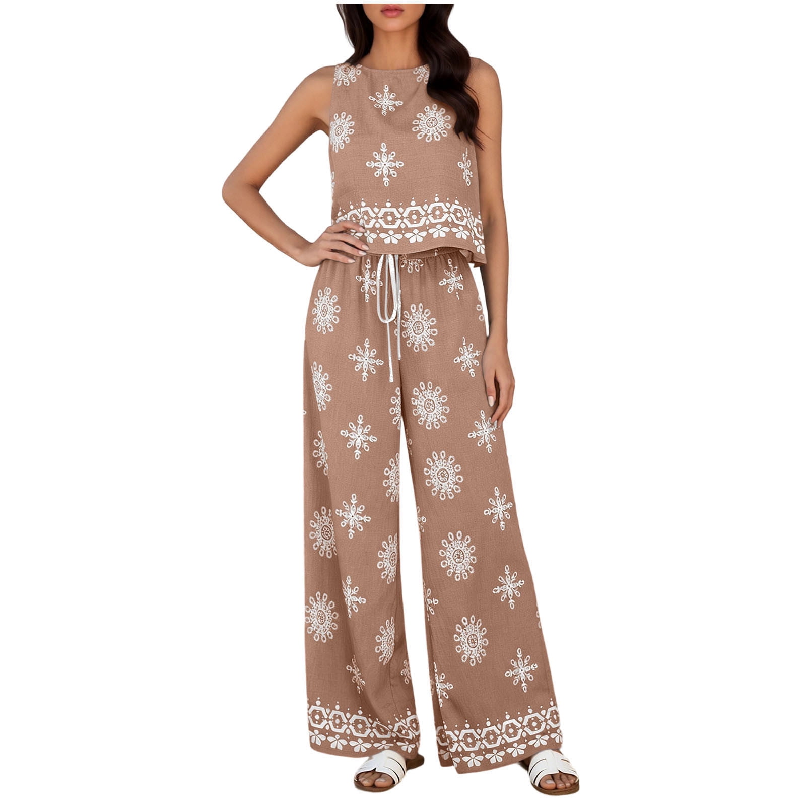 Yutgune Two Piece Sets for Women Boho Floral Tank Top Wide Leg Pants ...