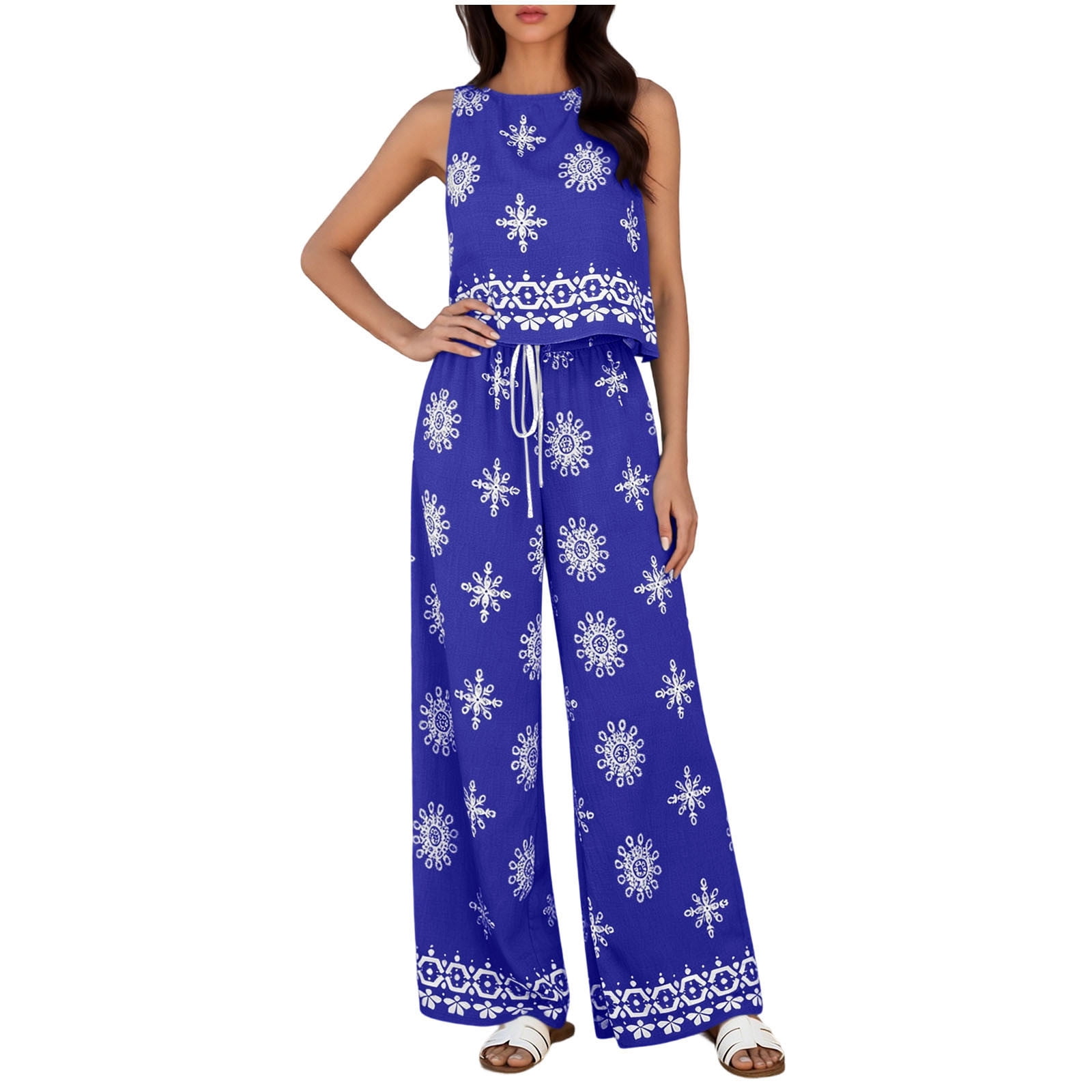 Yutgune Two Piece Sets for Women Boho Floral Tank Top Wide Leg Pants ...