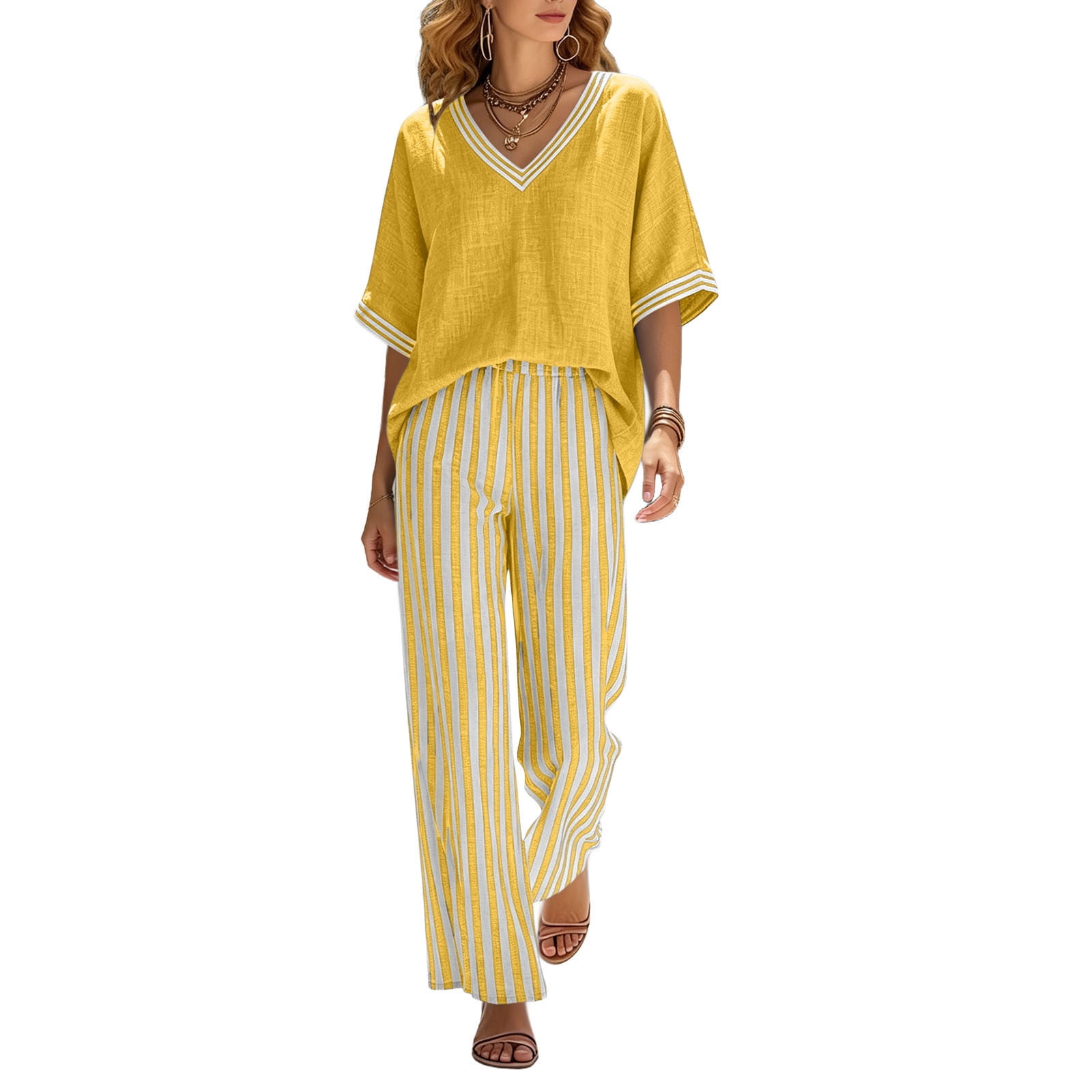 Yutgune Two Piece Sets for Women Striped Linen Wide Leg Pants Short ...