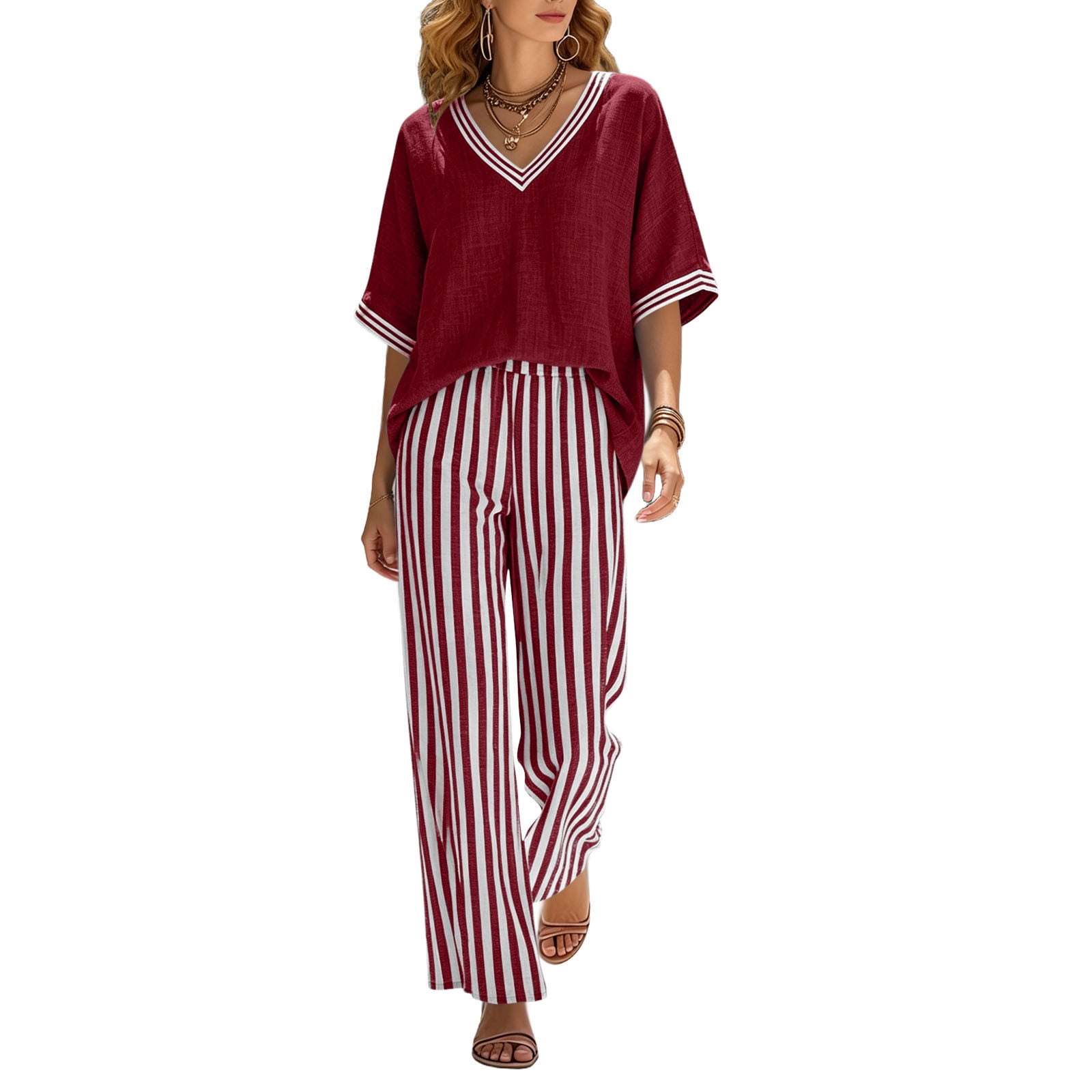 Yutgune Two Piece Sets for Women Striped Linen Wide Leg Pants Short ...