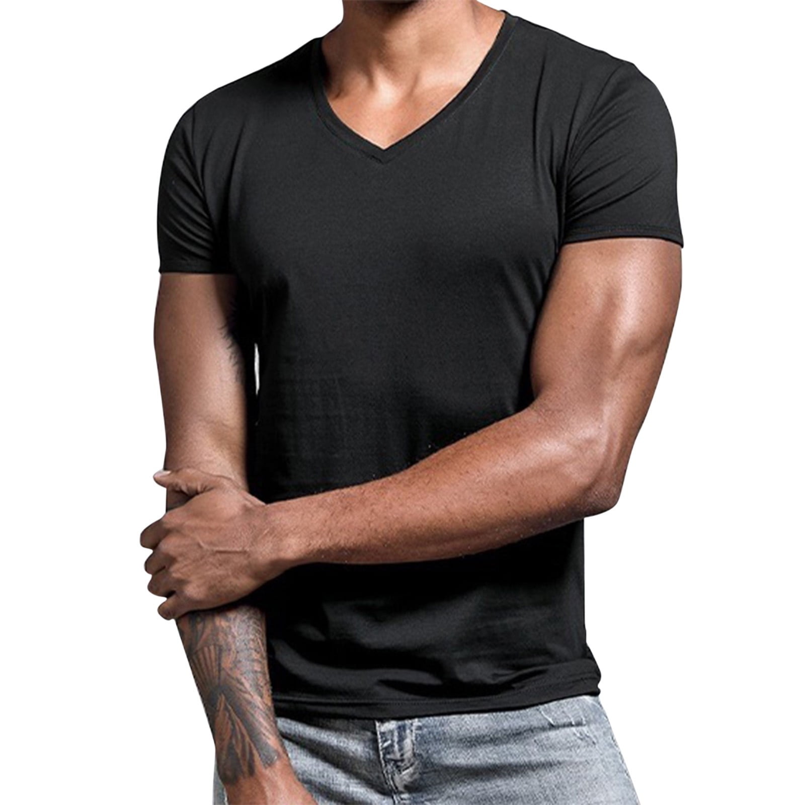 Yutnsbel Men's Short Sleeve Premium Solid Cotton V Neck T Shirts, Black ...