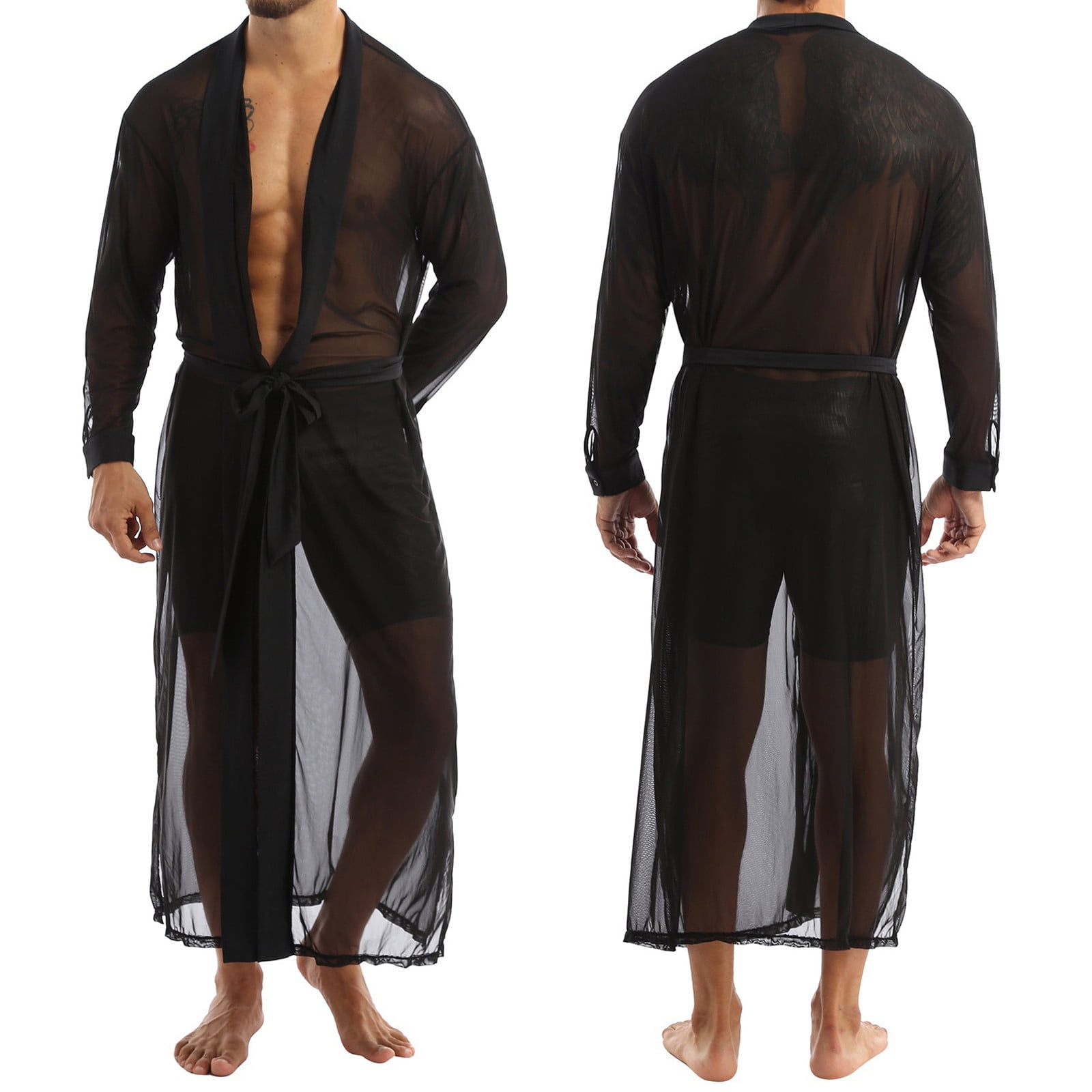 Yutnsbel Robes for Men, Black Men Long Shirt Transparent Open Stitch ...