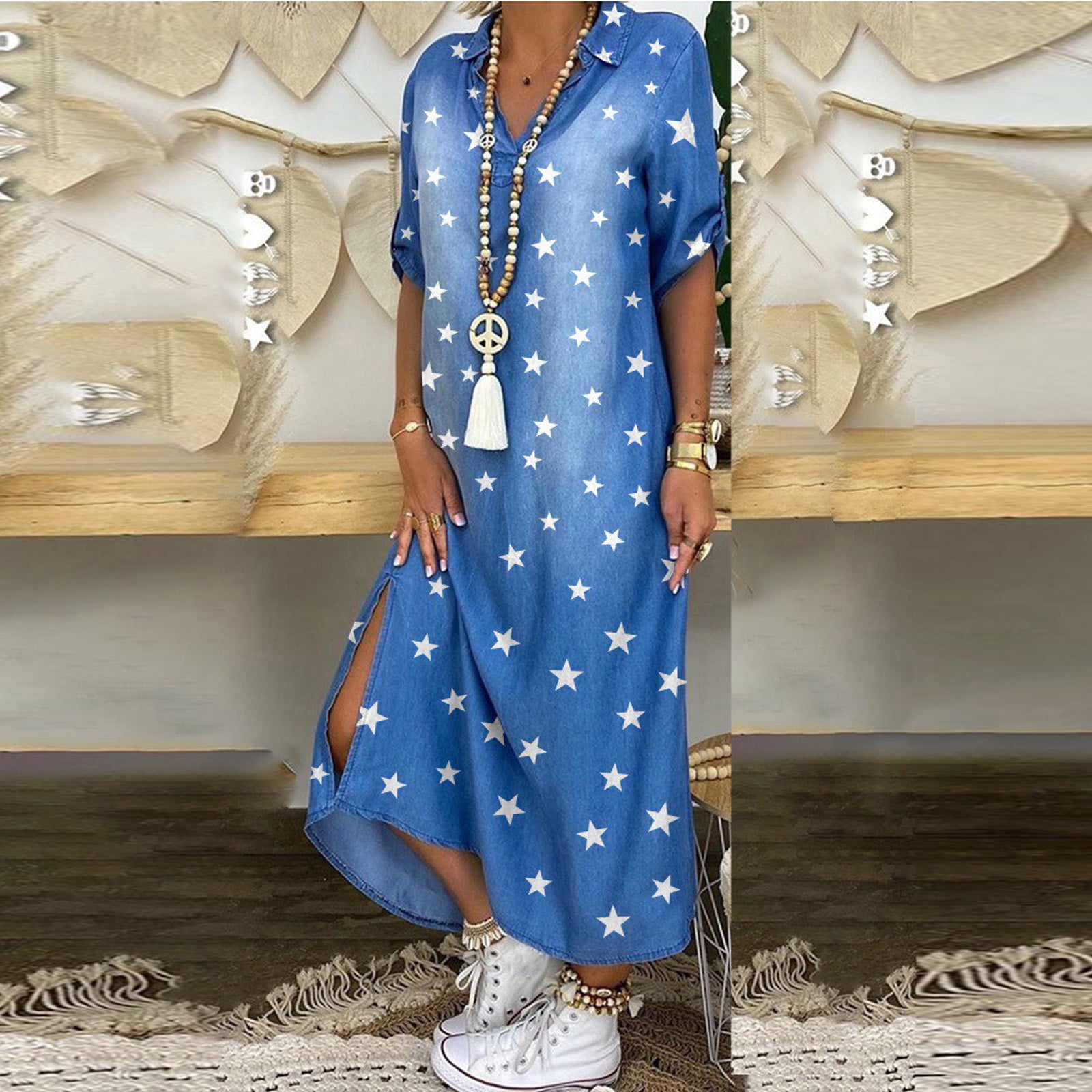 Yuuwll Dresses Women Casual Solid Denim Dress V Neck Roll Sleeve Button 2769