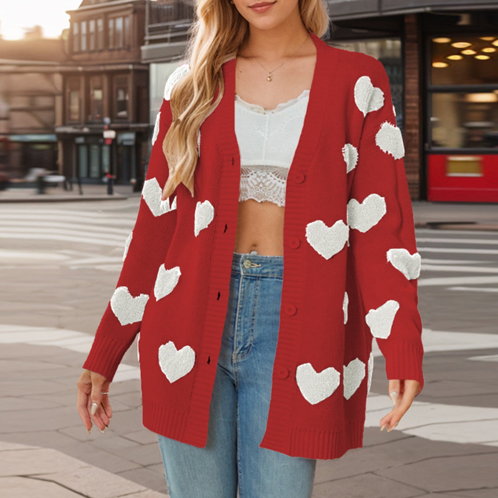 Yuwull Oversized Cardigans For Women Heart Print Cardigan Sweaters for Women Y2k Cute Button ...