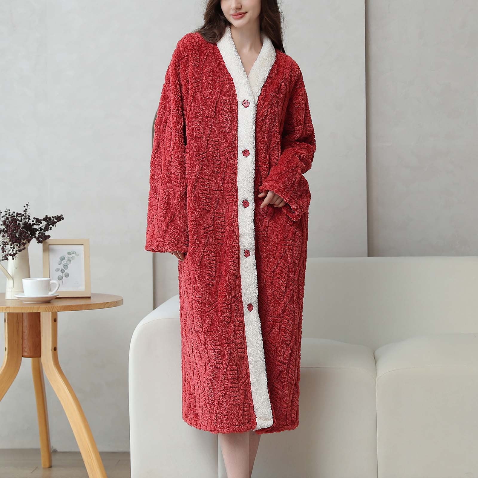 Yuwull Plushs Lounger Solid Robe, Winter Warm Button Long Nightgown ...