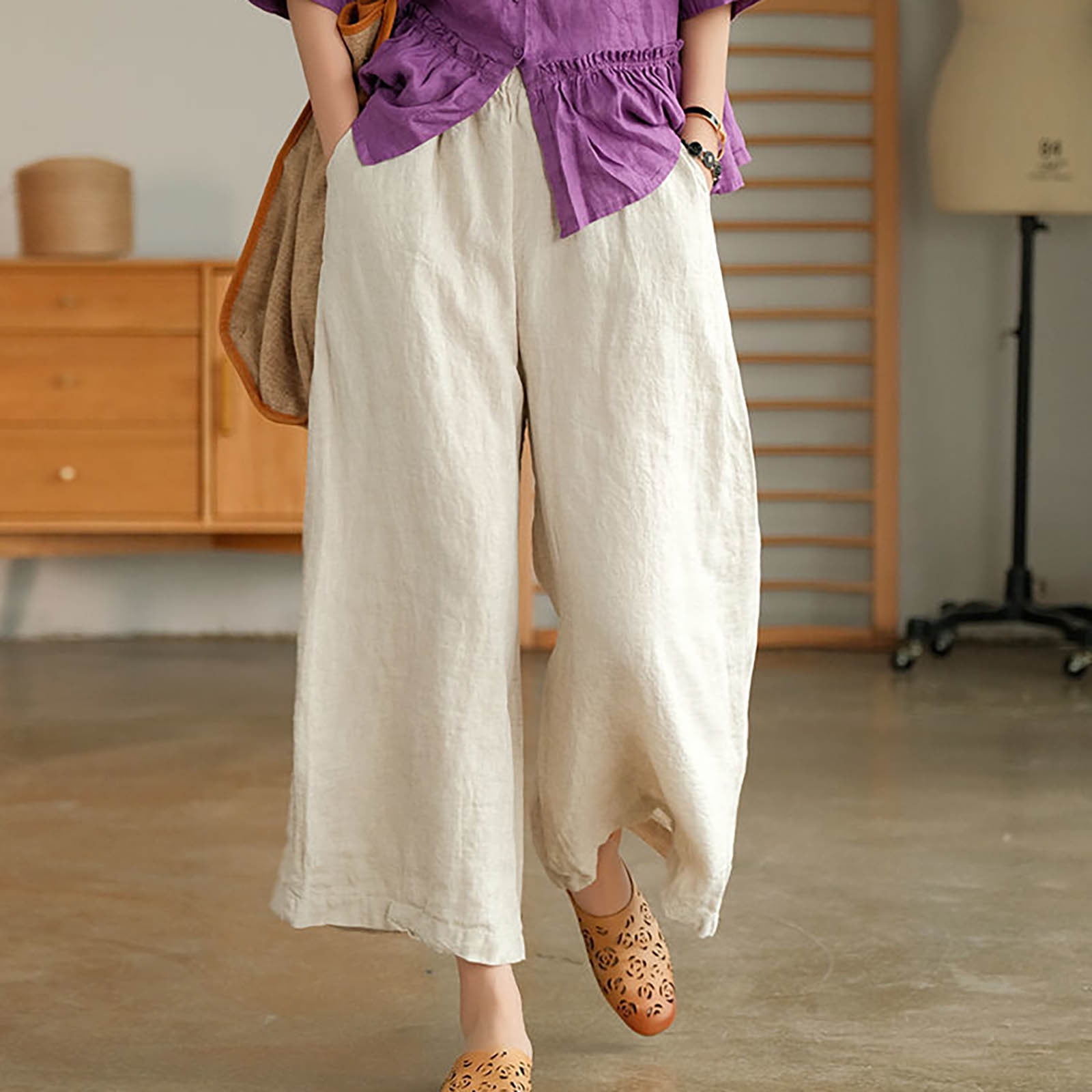 Yuwull White Linen Pants Women Fashion Casual Womens Capris for Summer ...