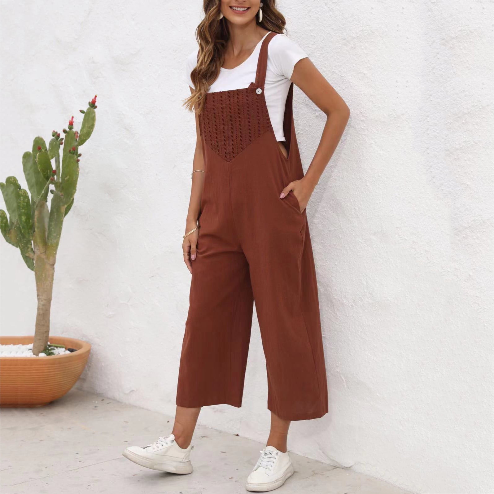 Yuwull Women Cotton Linen Wide Leg Capri Jumpsuit Romper Button ...