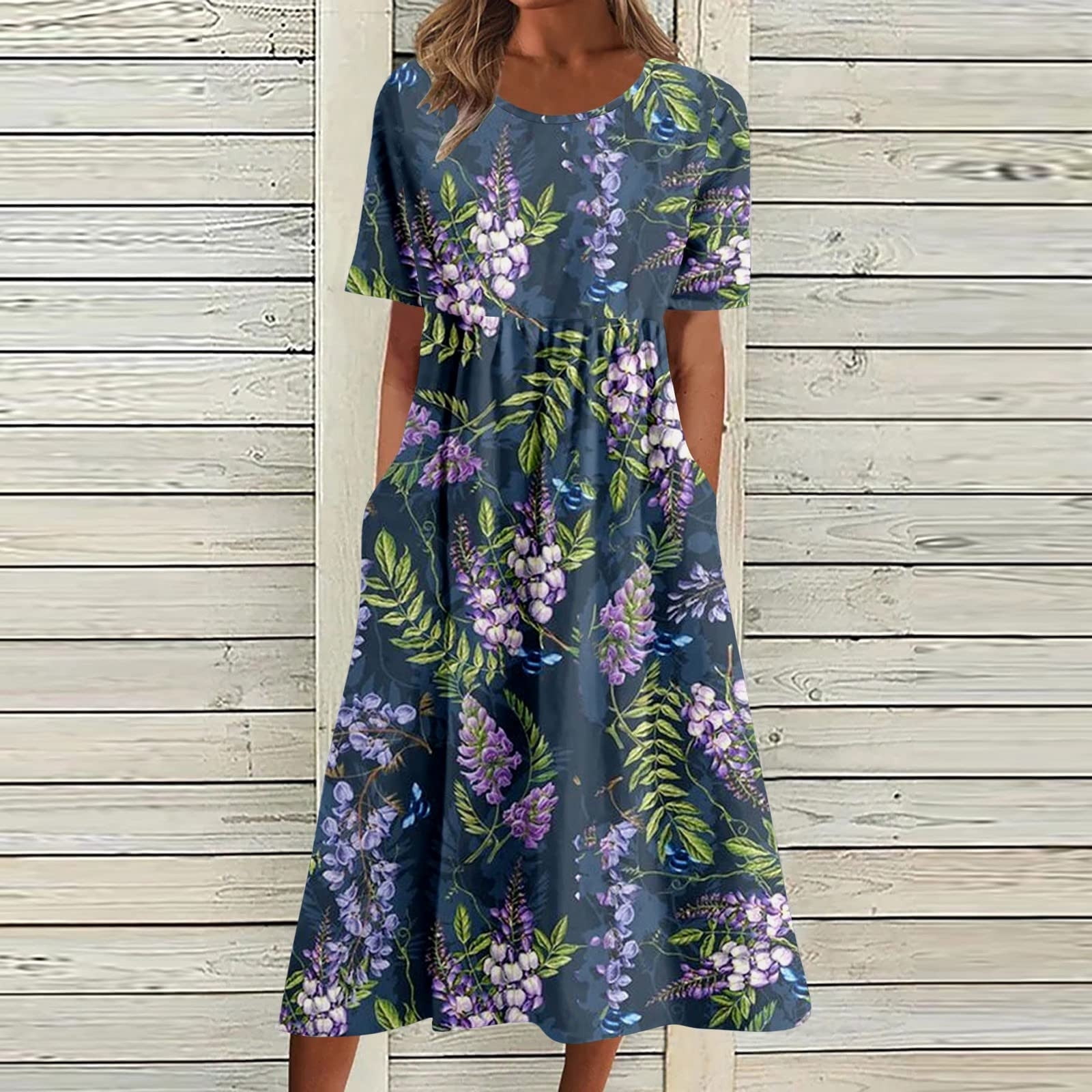 Yuwull Women Hawaiian Dress Floral Printed Sundress Womens Short Sleeve ...