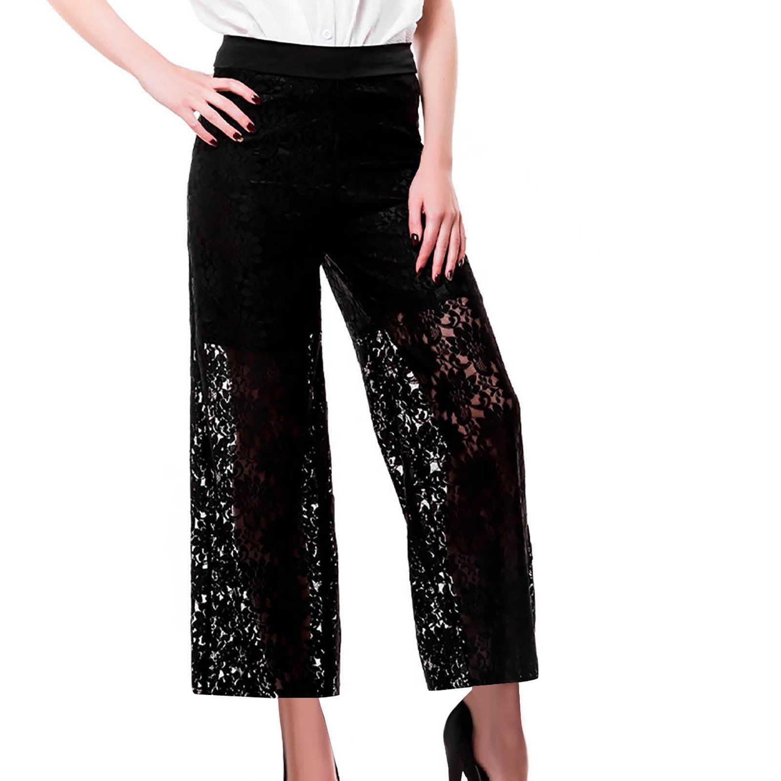 Yuwull Women Lace Bell Cpris Pant Sexy See Through Bottom Wide Leg ...