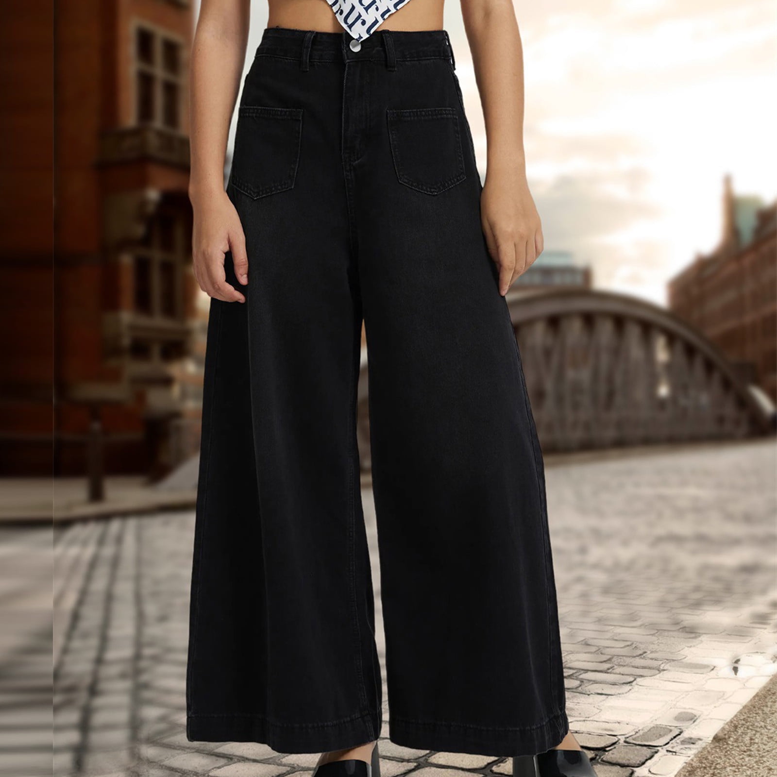 Yuwull Women'S Trendys High Waist Denim Wide Leg Pant Trousers Loose ...