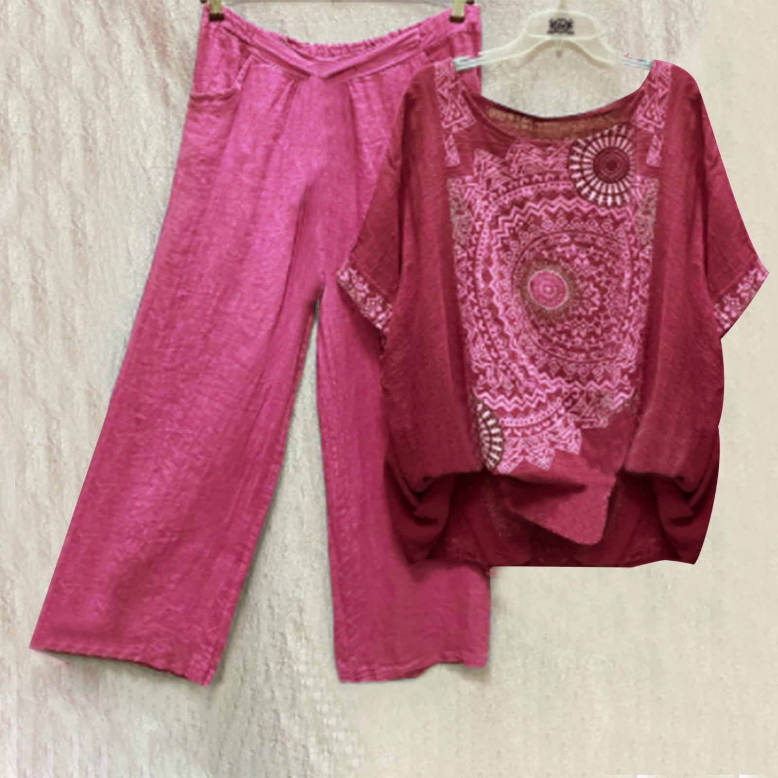 Yuwull Women's 2 Piece Outfits Casual Crewneck Printed Short Sleeve ...