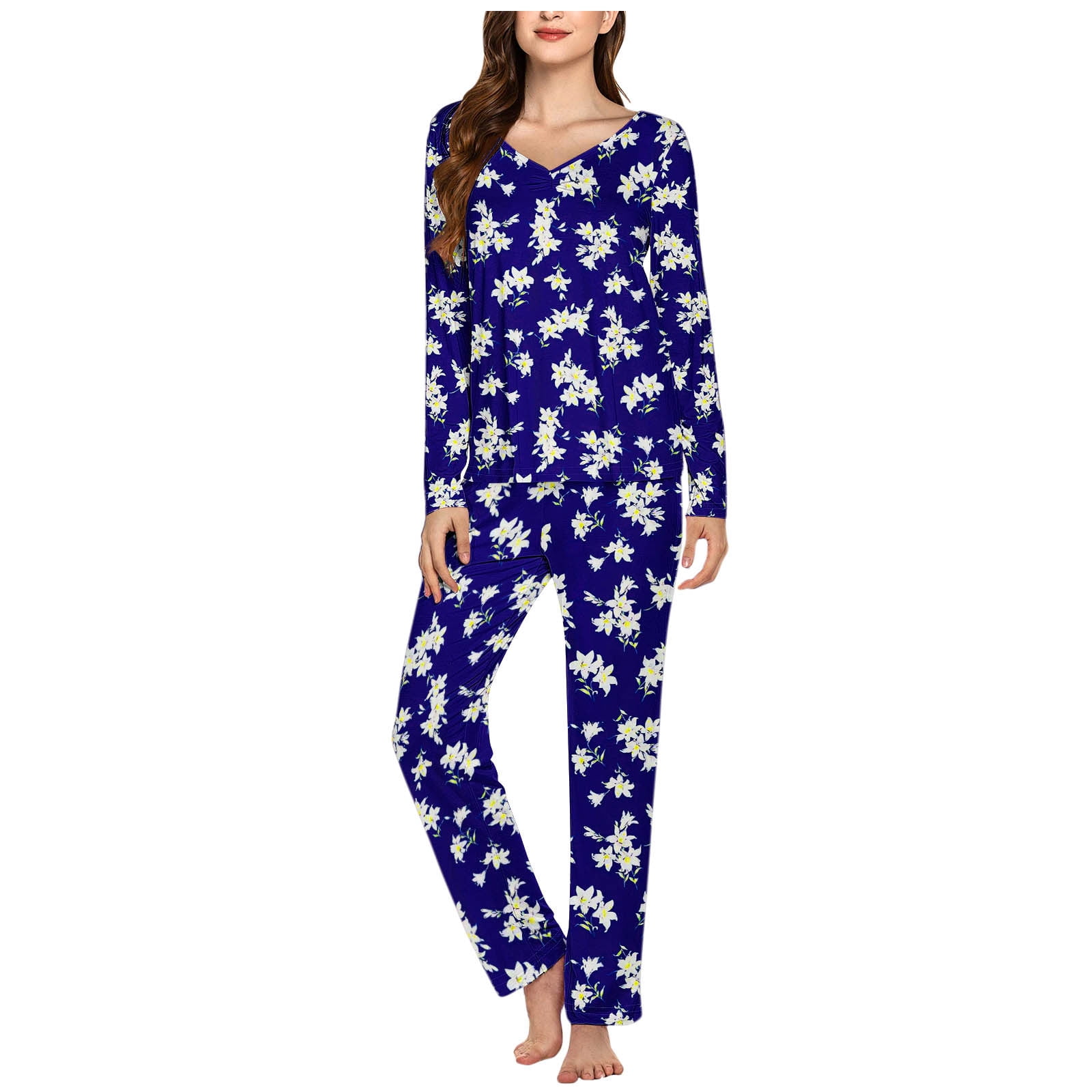 Yuwull Women's Fall Pajama Set with Pockets Soft Pants with Long Sleeve ...