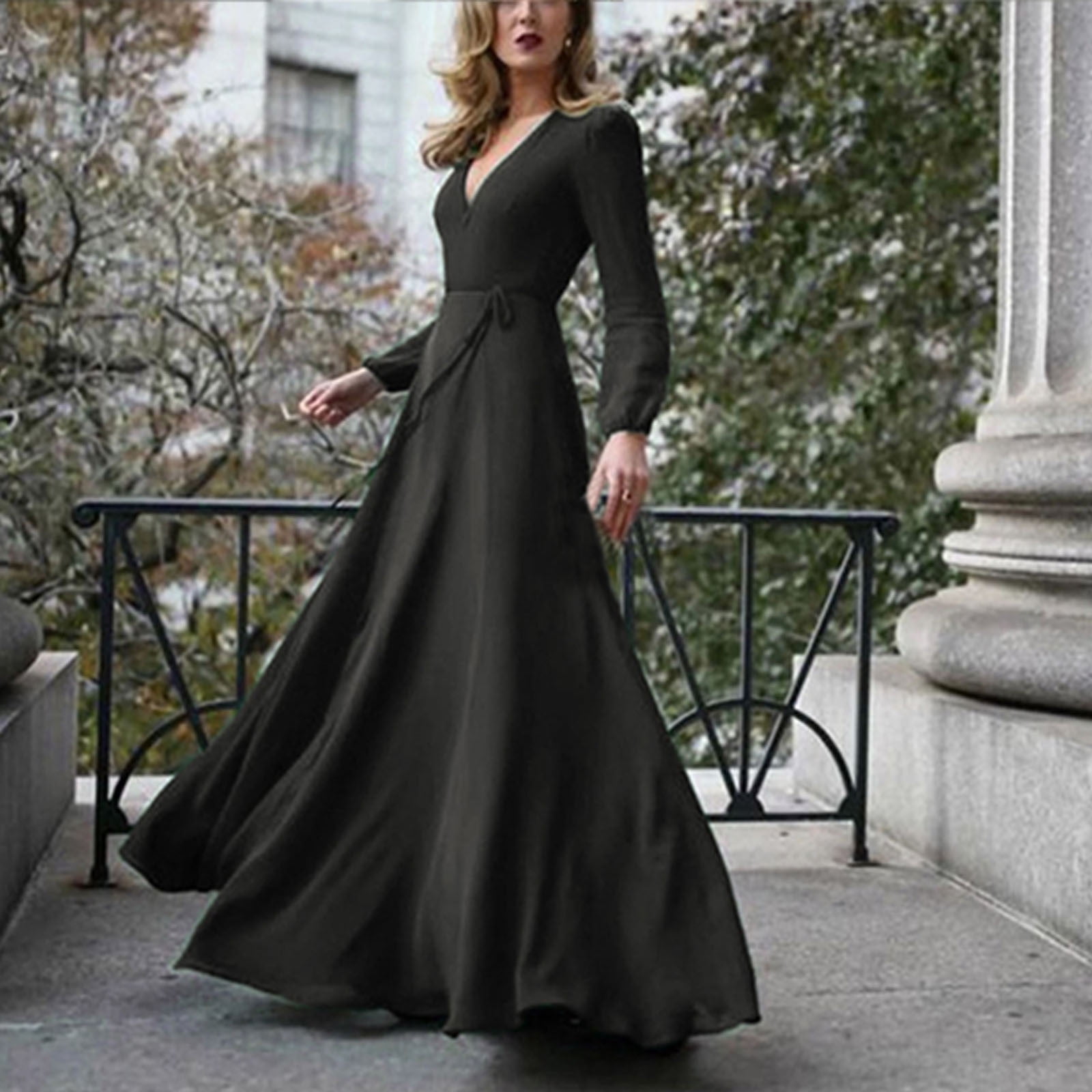 Yuwull Women's Fashion Long Sleeve V Neck Formal Wedding Guest Maxi ...
