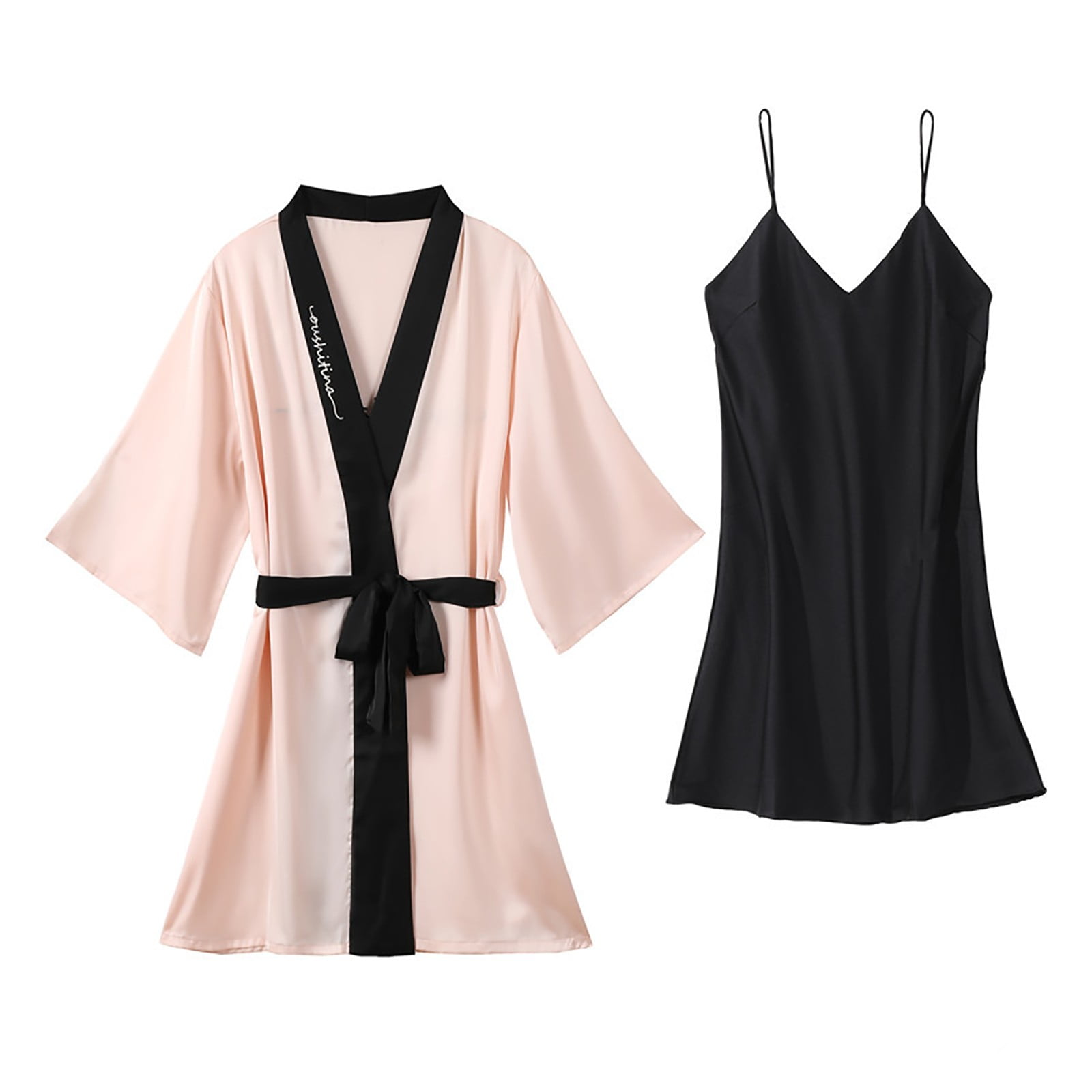 Yuwull Women's Silky Satin Pajamas Sets 2 Piece Plain Pjs Robe Set with ...