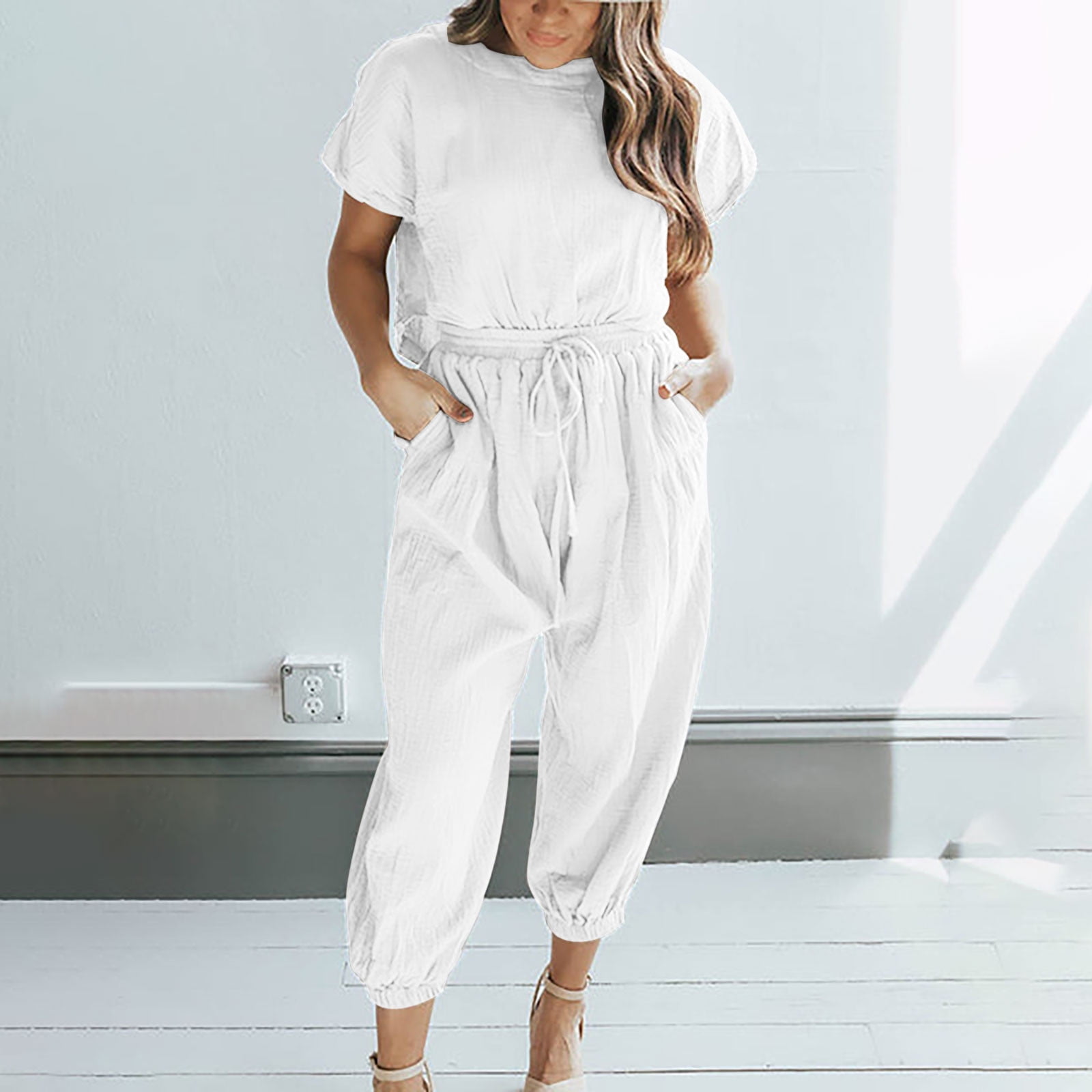 Yuwull Women's Summer 2 Piece Outfits Cotton Linen Round Neck Short ...