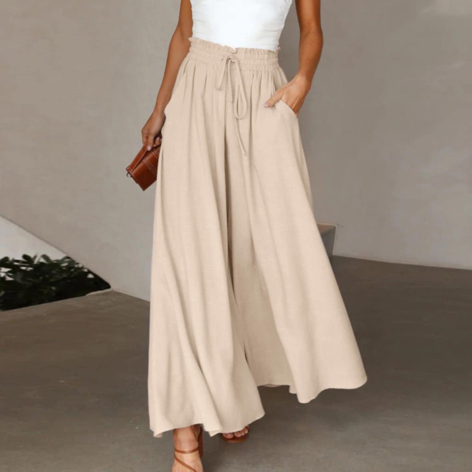Yuwull Womens Flowy Pants Women Summer High Waisted Palazzo Lounge