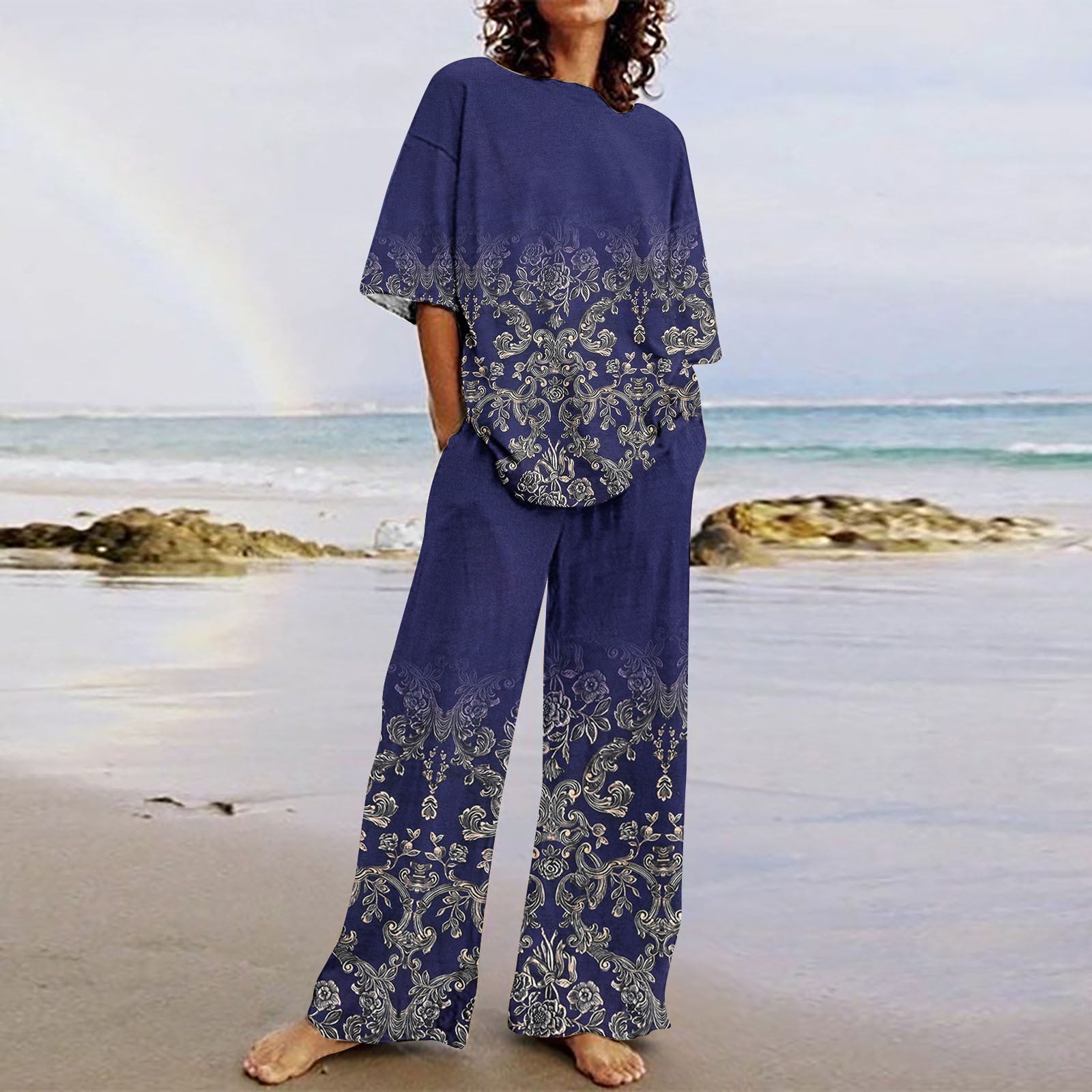 Yuwull Womens Linen Set, Women's Summer 2 Piece Outfits Round Neck Crop ...