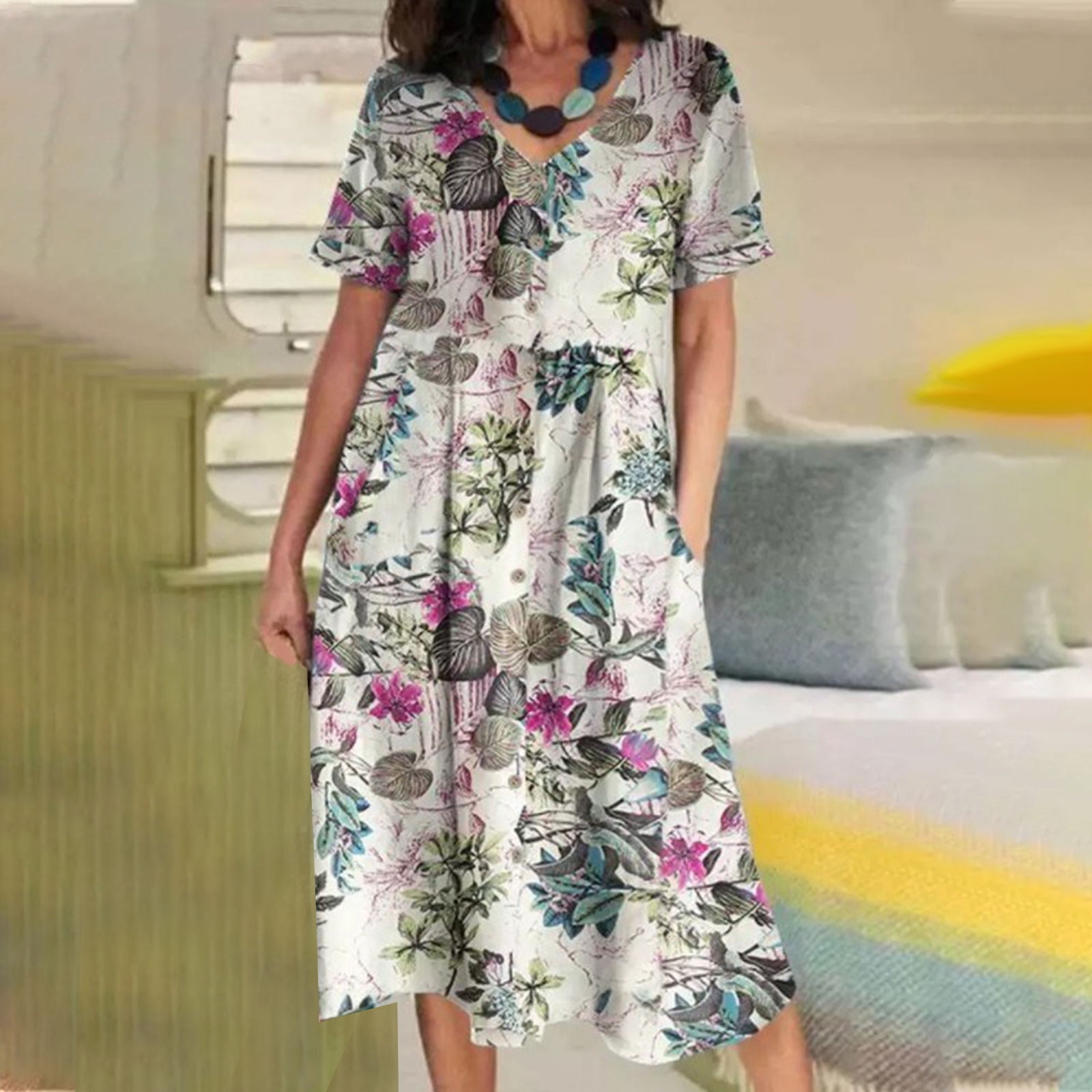 Yuwull Womens Summer Floral Midi Dresses Casual Hide Belly Plus Size ...