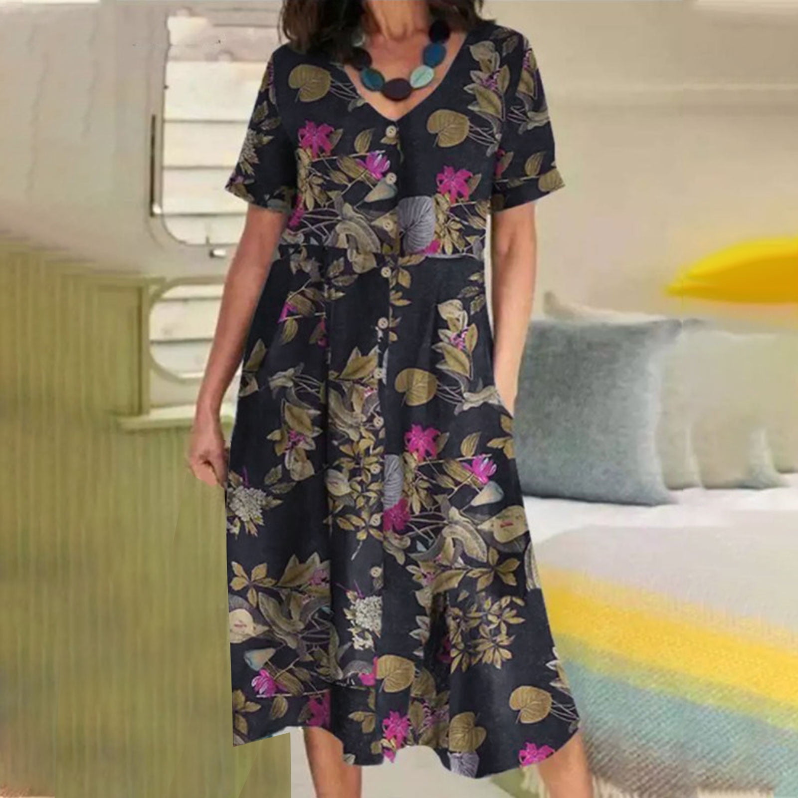 Yuwull Womens Summer Floral Midi Dresses Casual Hide Belly Plus Size ...