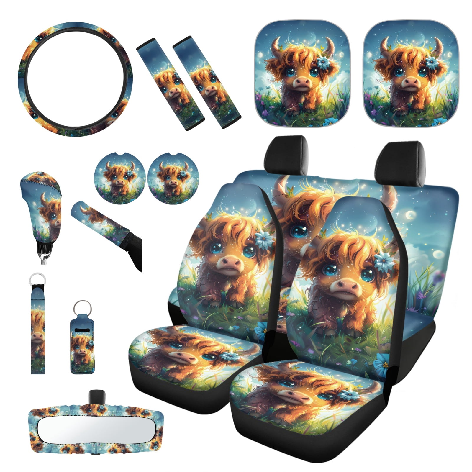 Yuyamidu 16 PCS Highland Cow Car Seat Covers Set Blue Flower Car Sun ...
