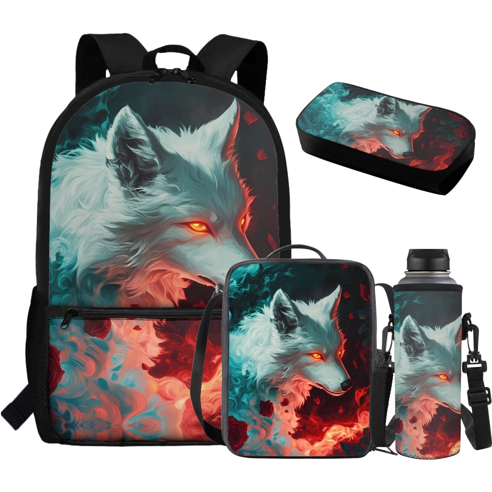 Yuyamidu 4 in 1 Cool Wolf Kids Backpack with Lunch Bag for Boys Girls ...