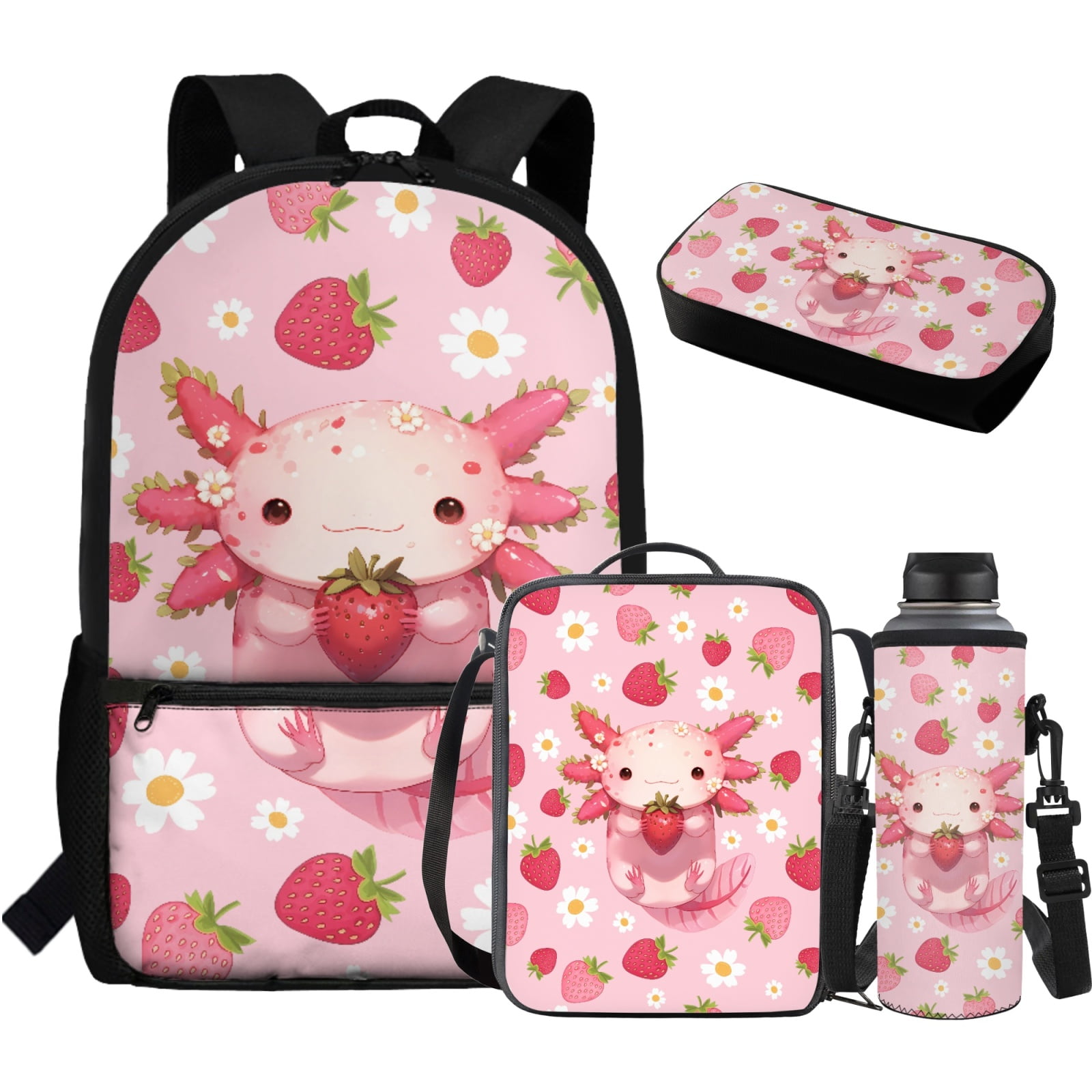 Yuyamidu Axolotl Bookbag and Lunch Bag Set of 4 Strawberry Kids School ...
