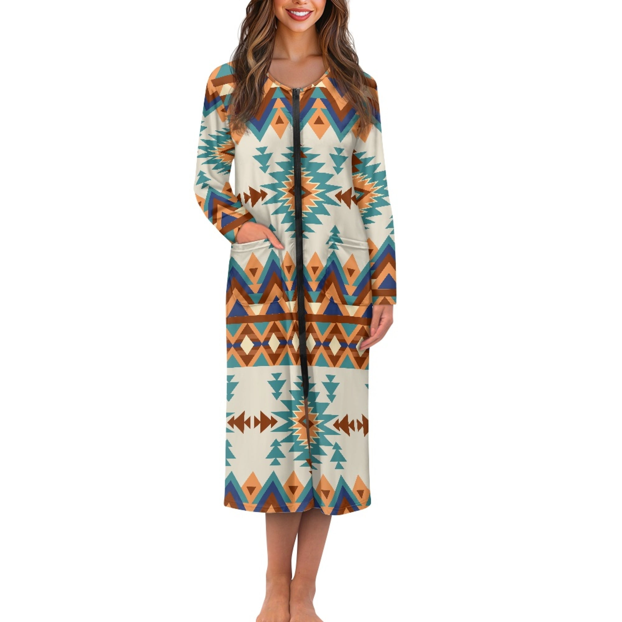 Yuyamidu Aztec Western Geometric Zipper Bathrobe for Women Lightweight ...