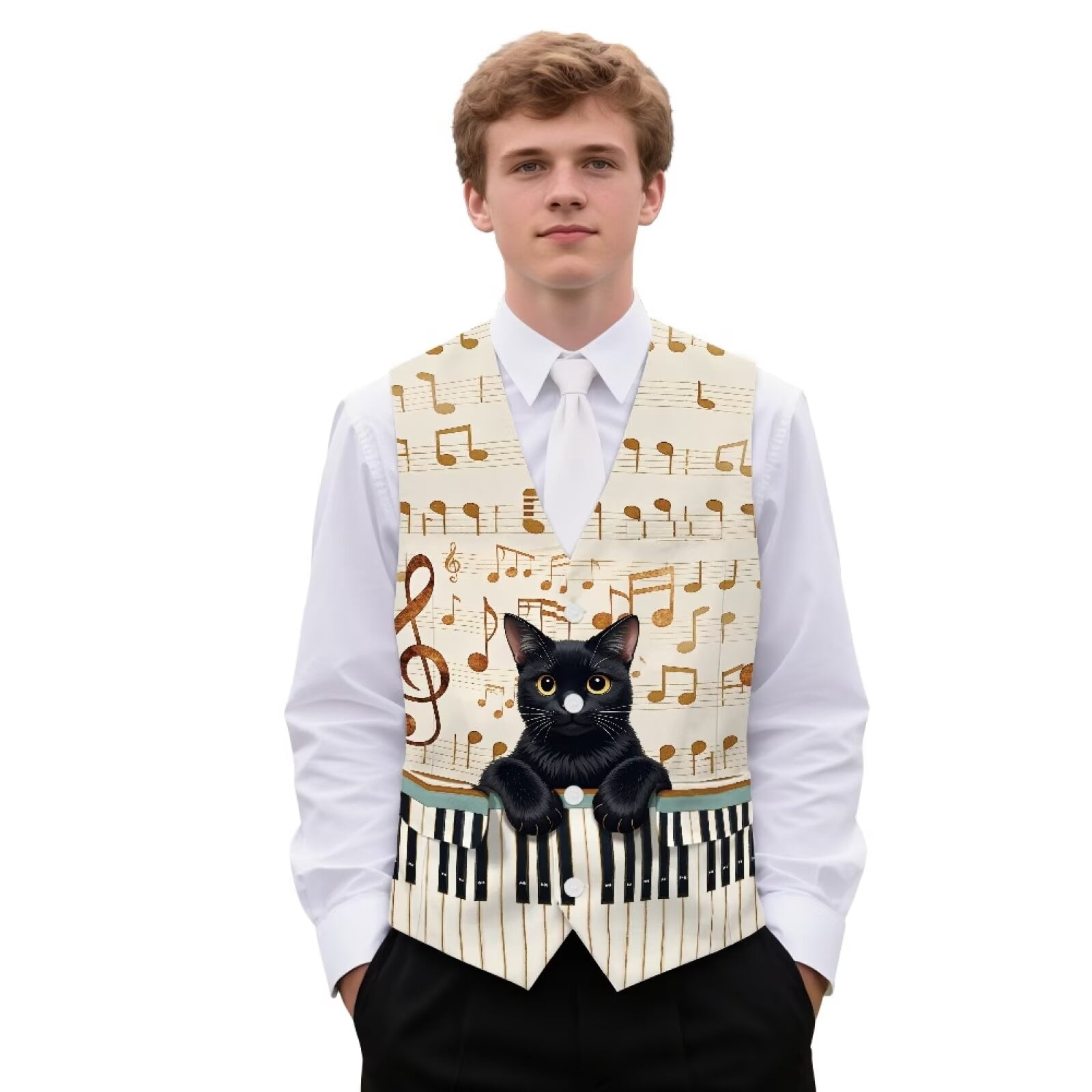 Yuyamidu Black Cat Men's Suit Vest Size L Music Note V Neck Business ...
