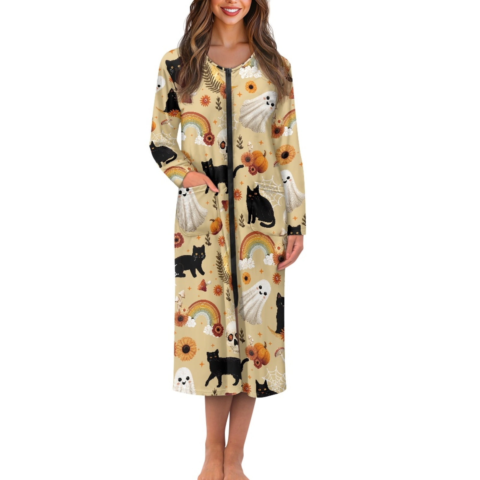 Yuyamidu Black Cat Women Zip Front Robes Ghost Mid Calf Length Bathrobe ...