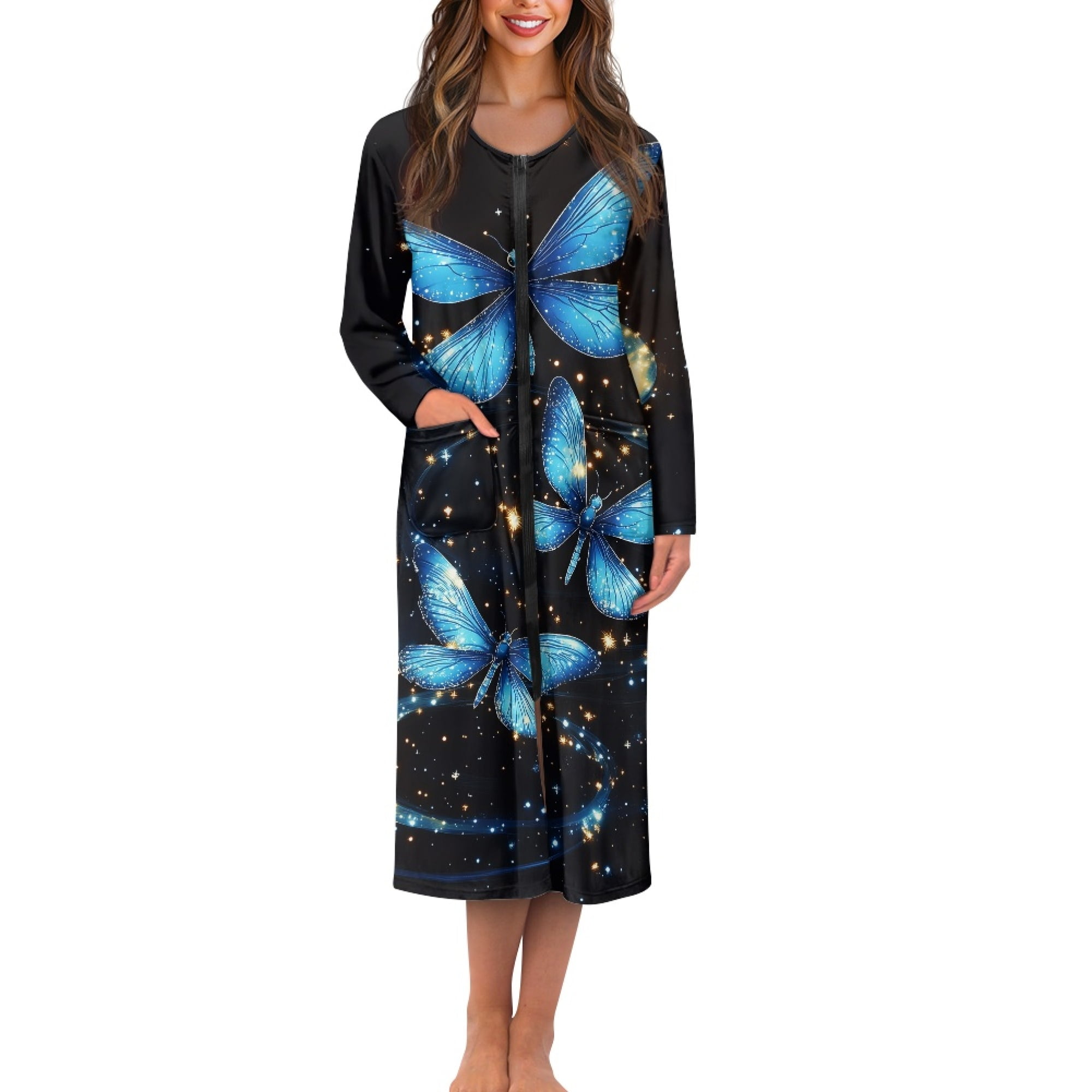 Yuyamidu Blue Butterfly Long Bath Robe Trendy Robes Nightgowns for ...