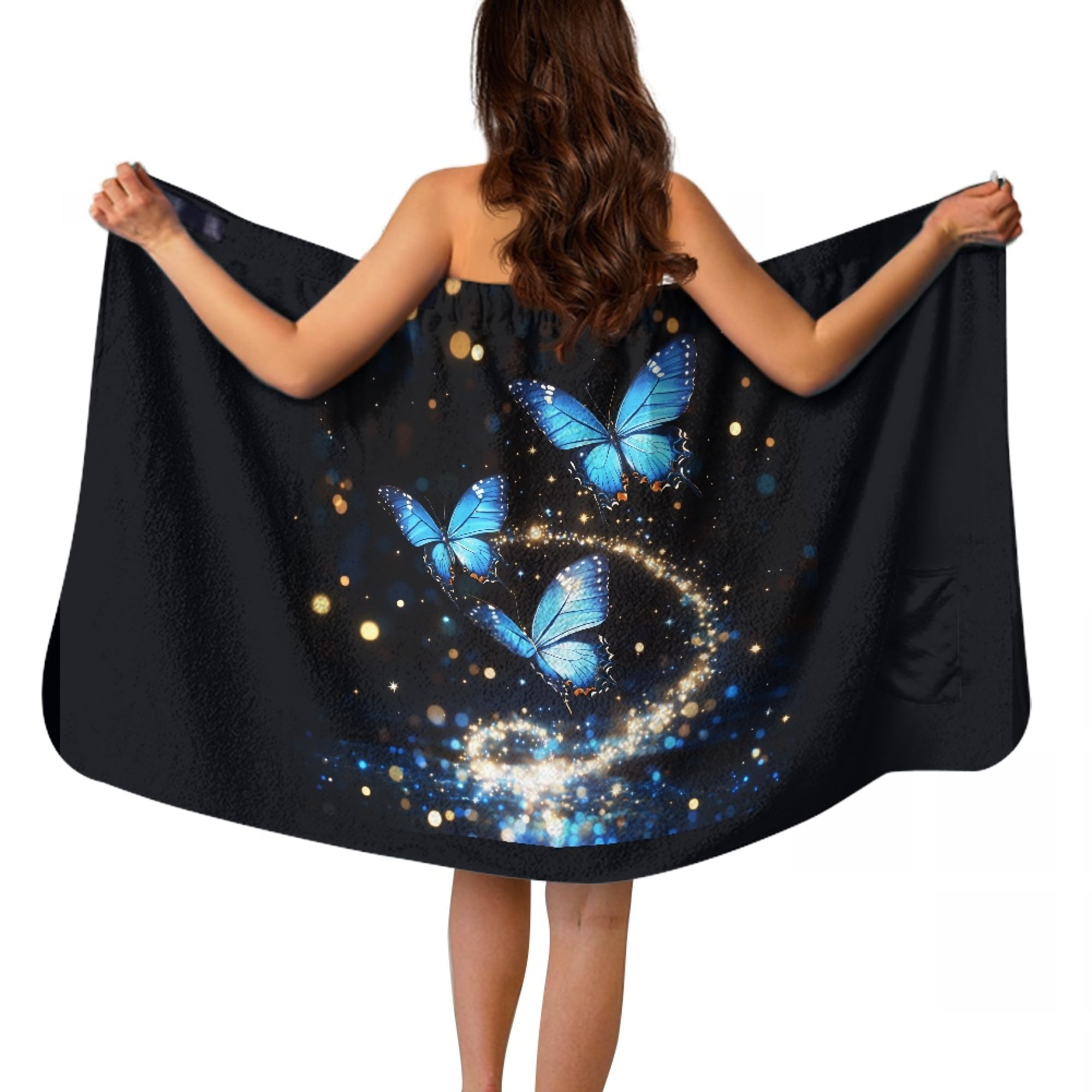 Yuyamidu Blue Butterfly Shower Wrap Towel for Women Black Bath Wrap ...