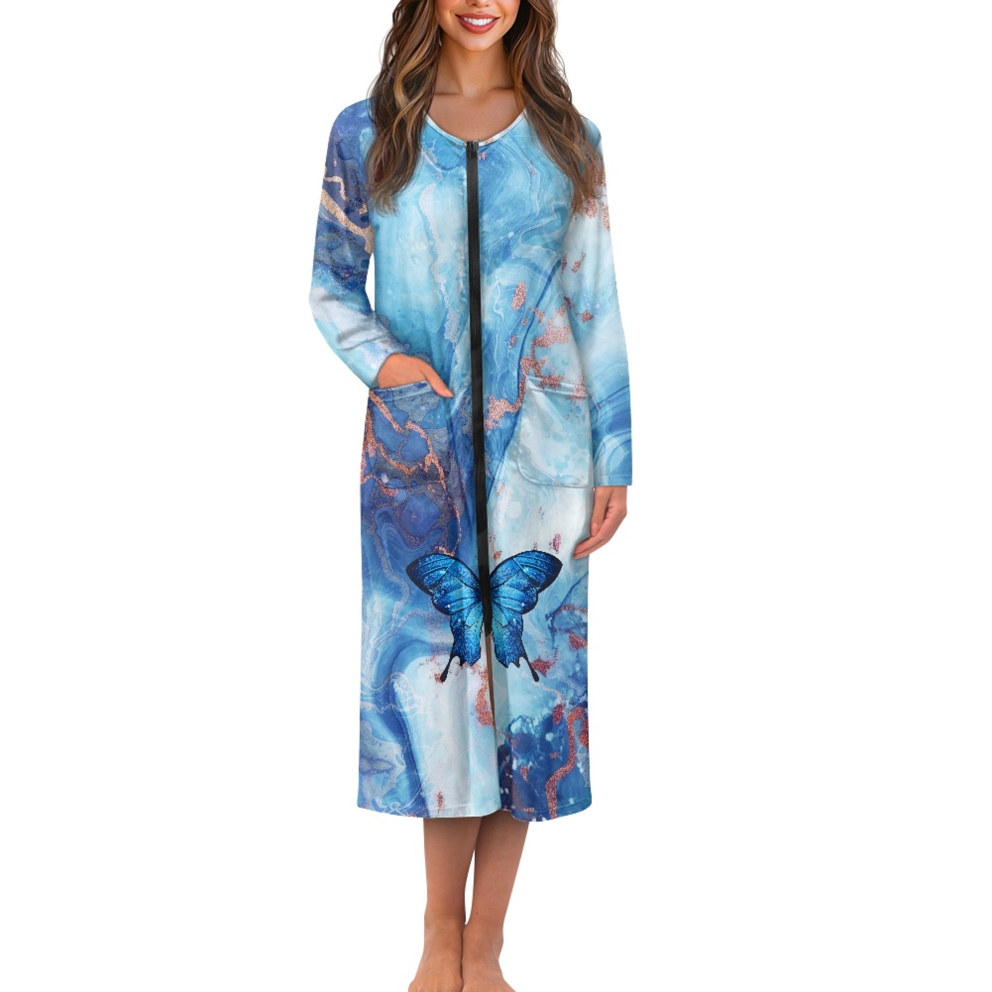 Yuyamidu Blue Maple Print Long Bath Robe for Women Butterfly Zipper ...